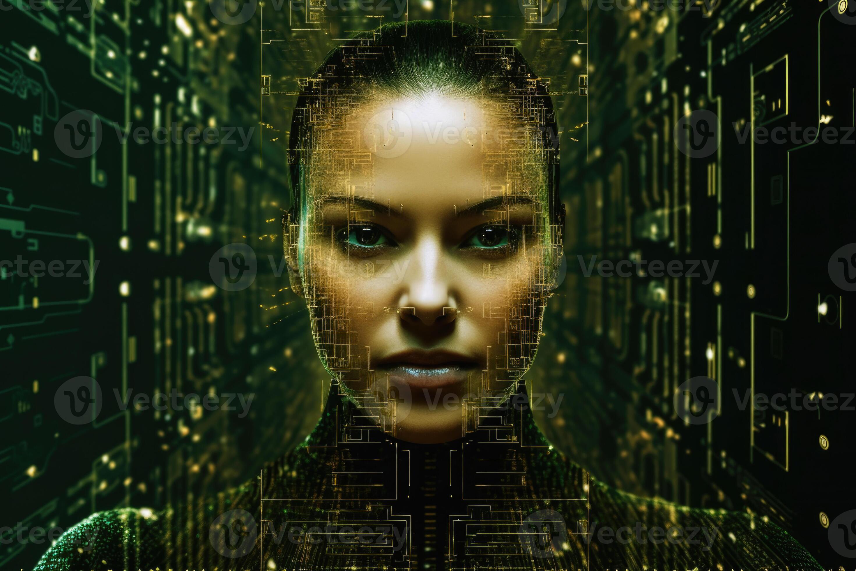 Female face against binary code. Artificial intelligence concept. 24599596 Stock Photo at Vecteezy