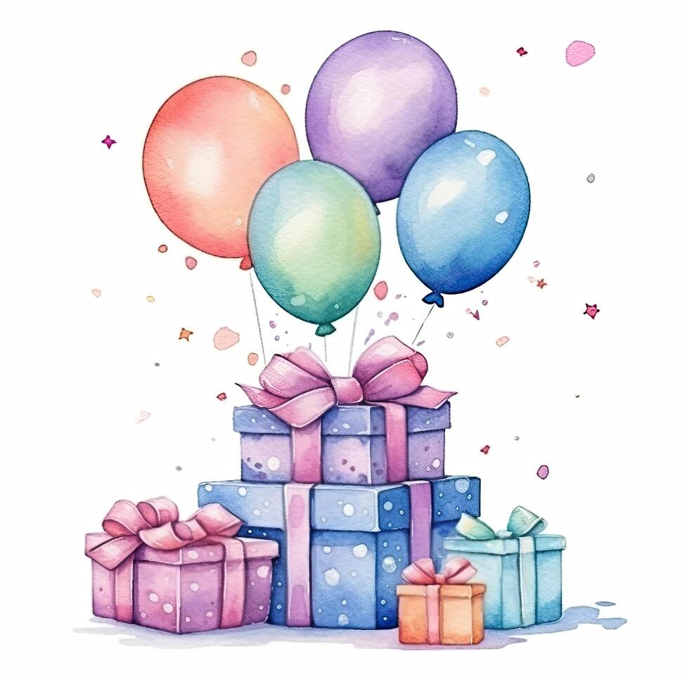 Watercolor Happy Birthday Gift Boxes with Balloons. Illustration ...