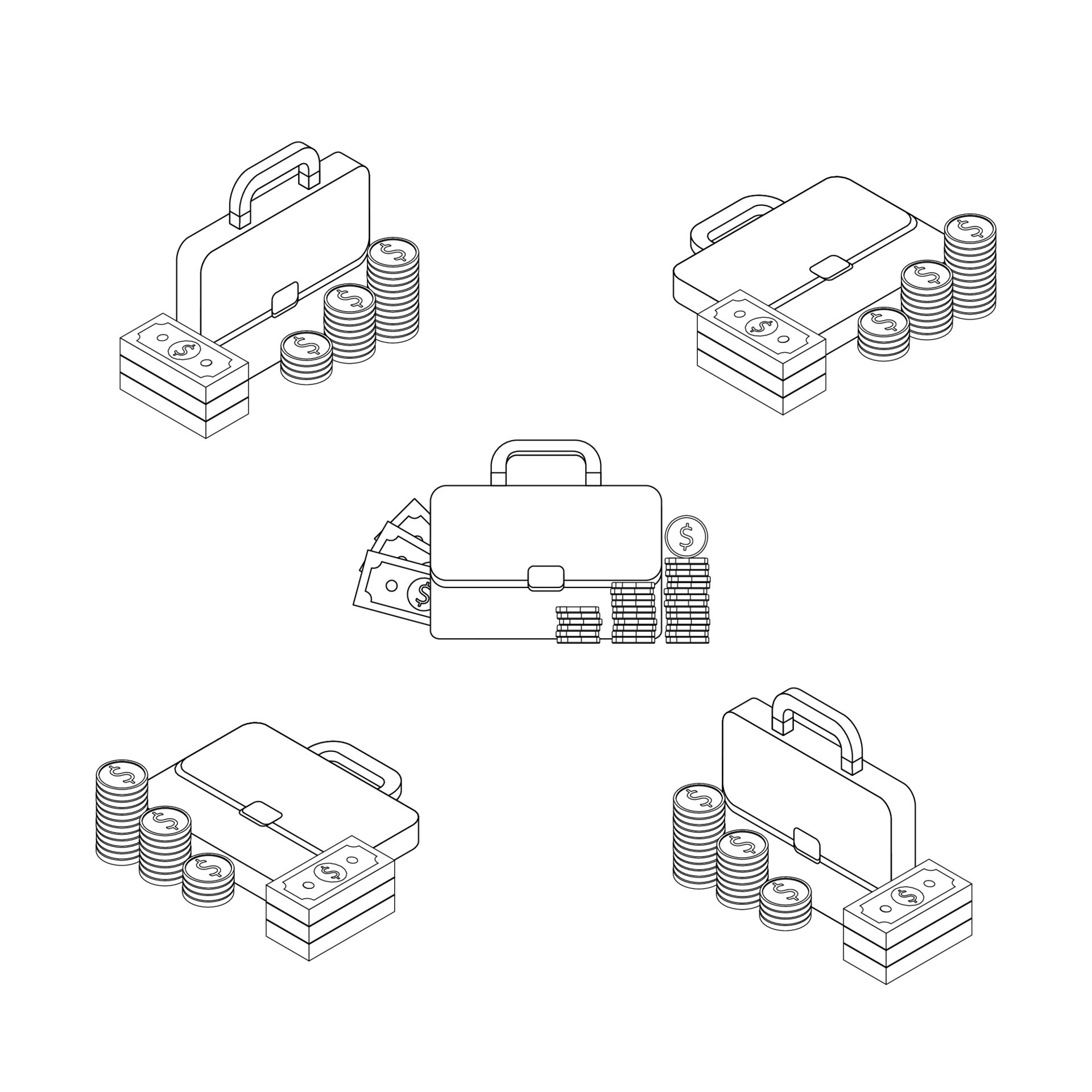 Briefcase Dollar Money Cash Icon Gold Coin Stack Isometric And Flat Black Outline Icon Vector