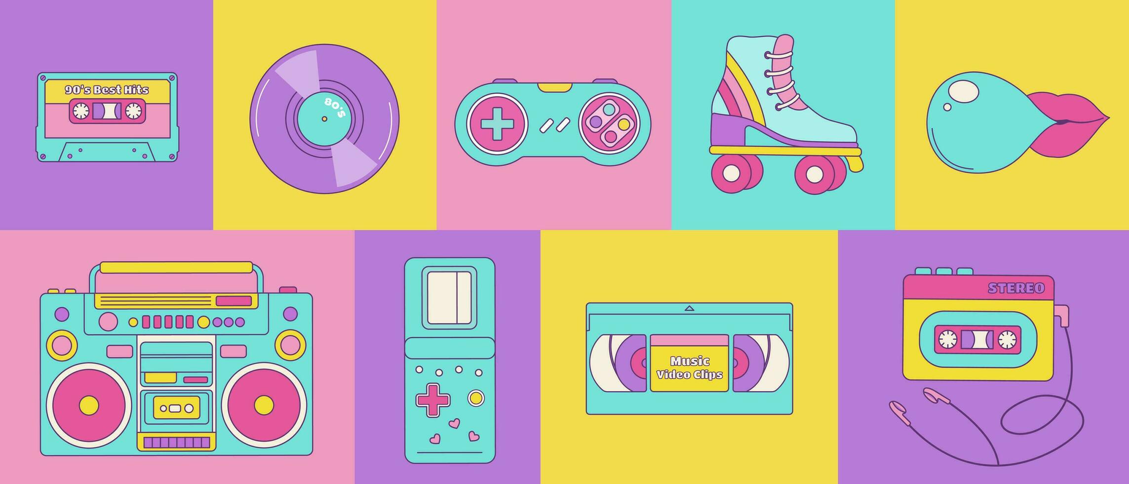 retro conjunto de Años 80 90s elementos. vector ilustración de rodillo ... retro conjunto de Años 80 90s elementos. vector ilustración de rodillo ...