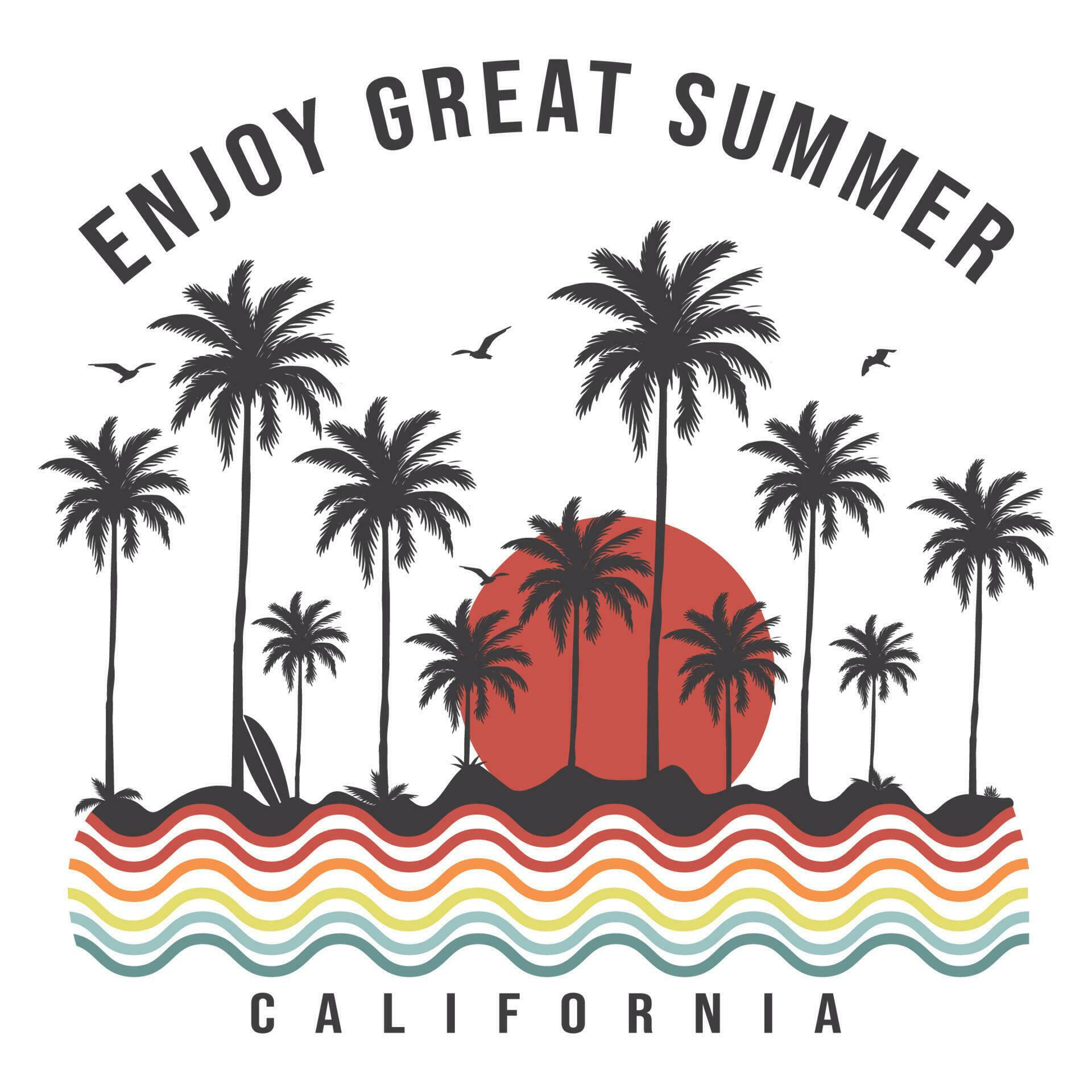 Enjoy Great Summer California Beach Waves With Palm Trees Vector Illustration Text With A Waves