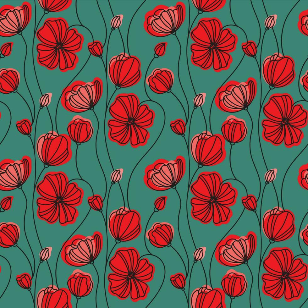 Red Poppies Flowers Seamless Pattern On Green Background Floral