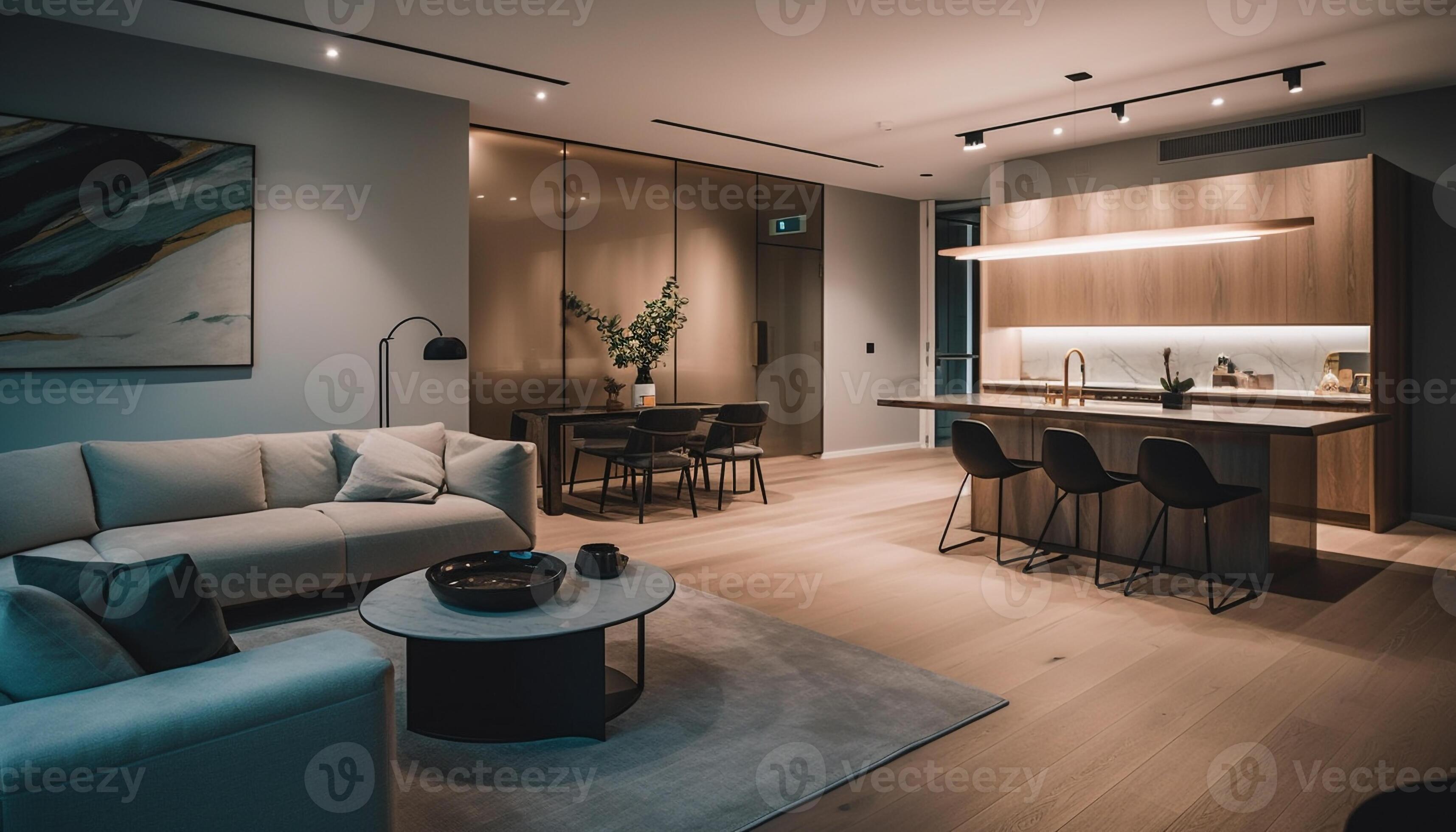 Modern domestic room design with luxury wood flooring and comfortable ...