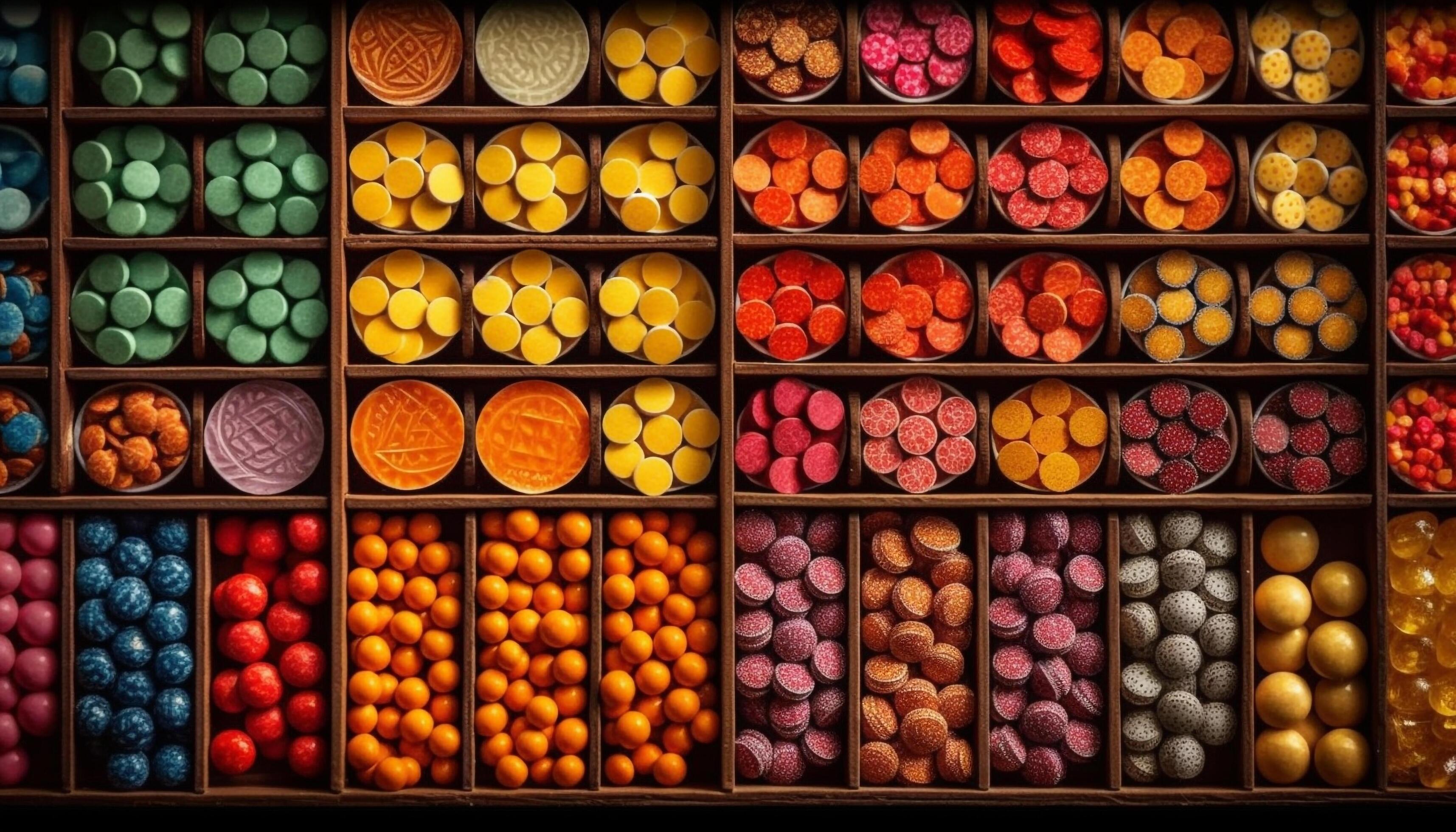 A vibrant collection of colorful objects in a close up pattern ...