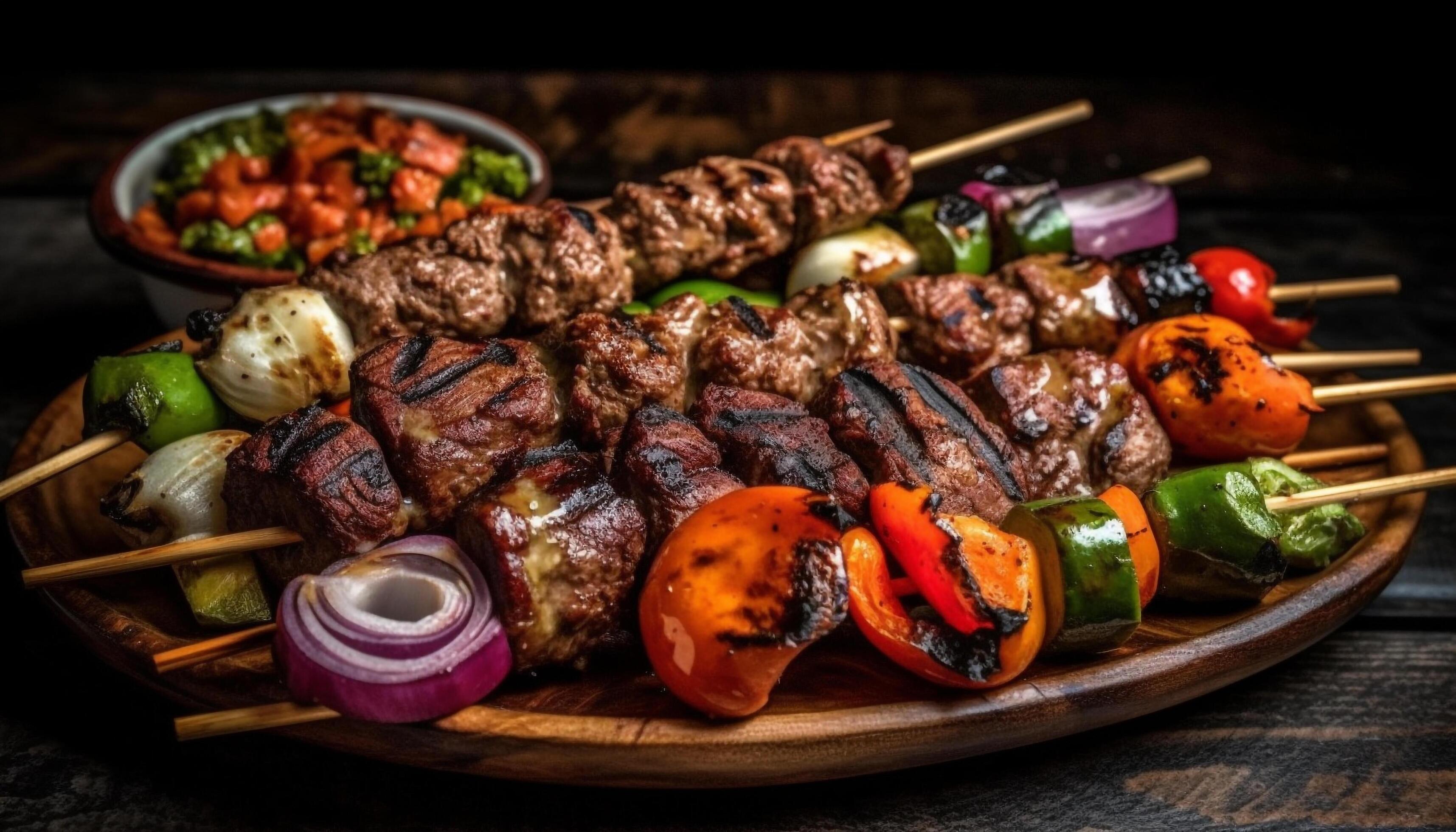 Grilled meat skewers with vegetables, a gourmet summer appetizer plate ...