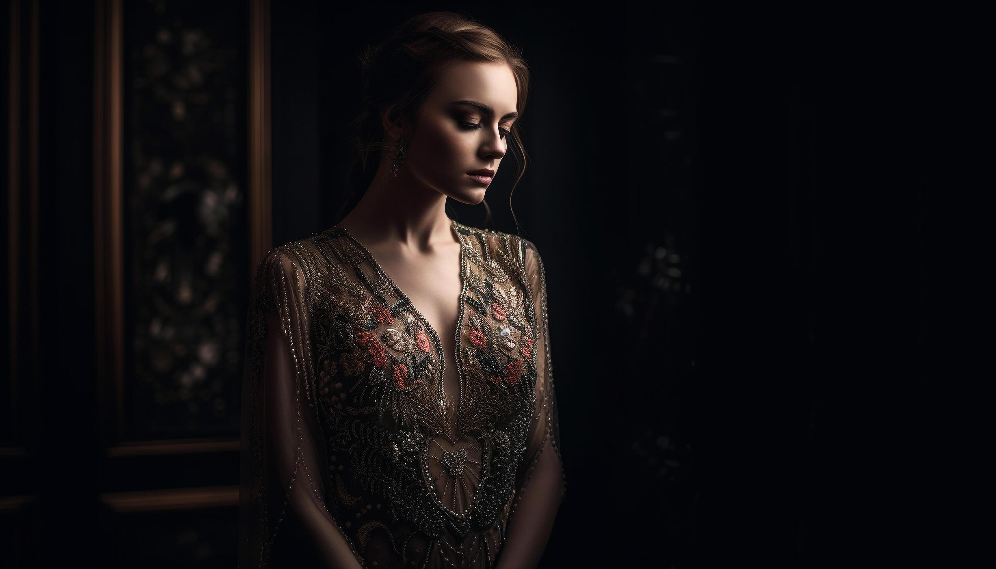 One beautiful woman standing confidently, looking at camera, fashionable dress generated by AI ...