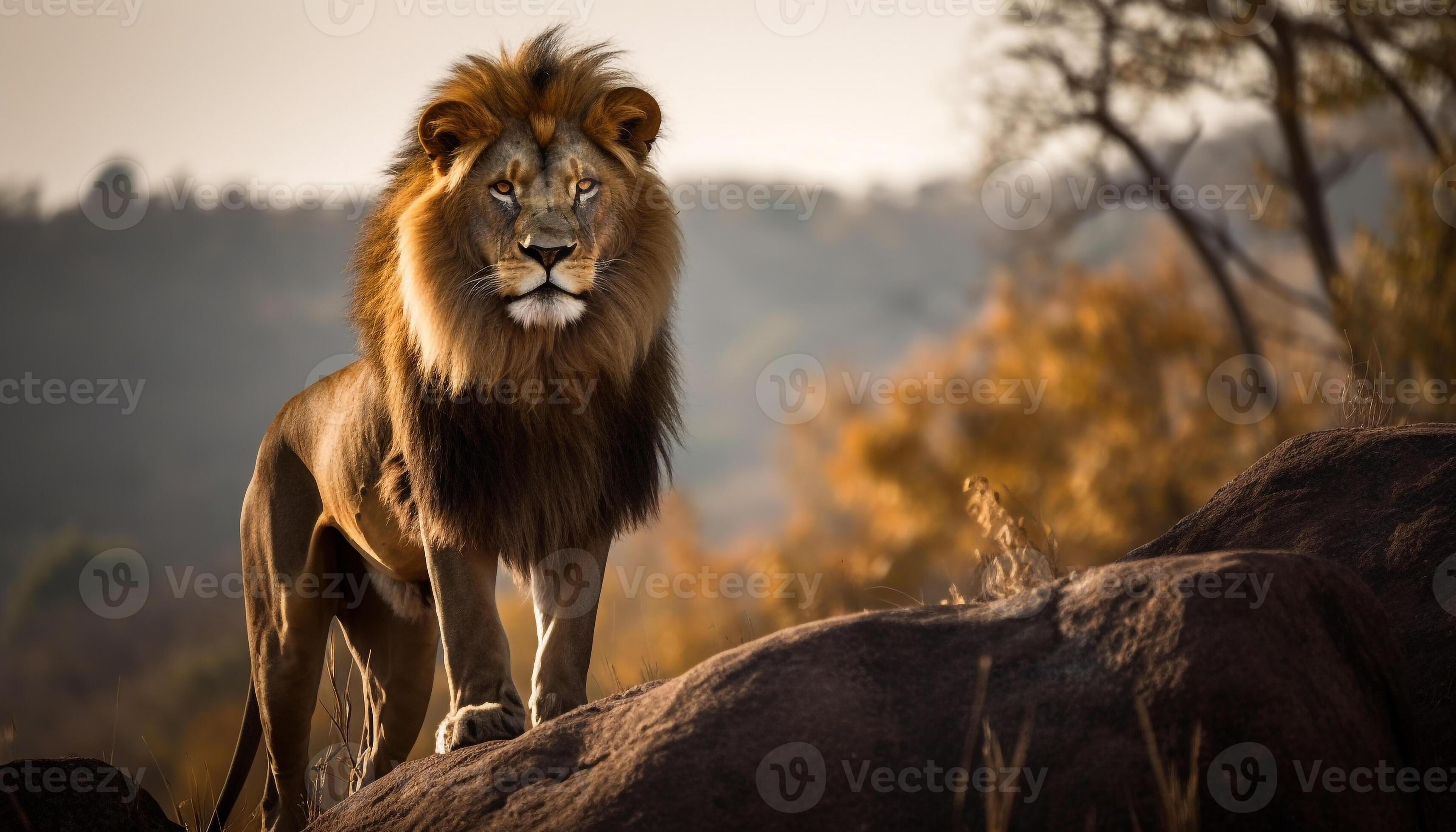 Majestic lion standing in the savannah, roaring with aggression ... Majestic lion standing in the savannah, roaring with aggression ...