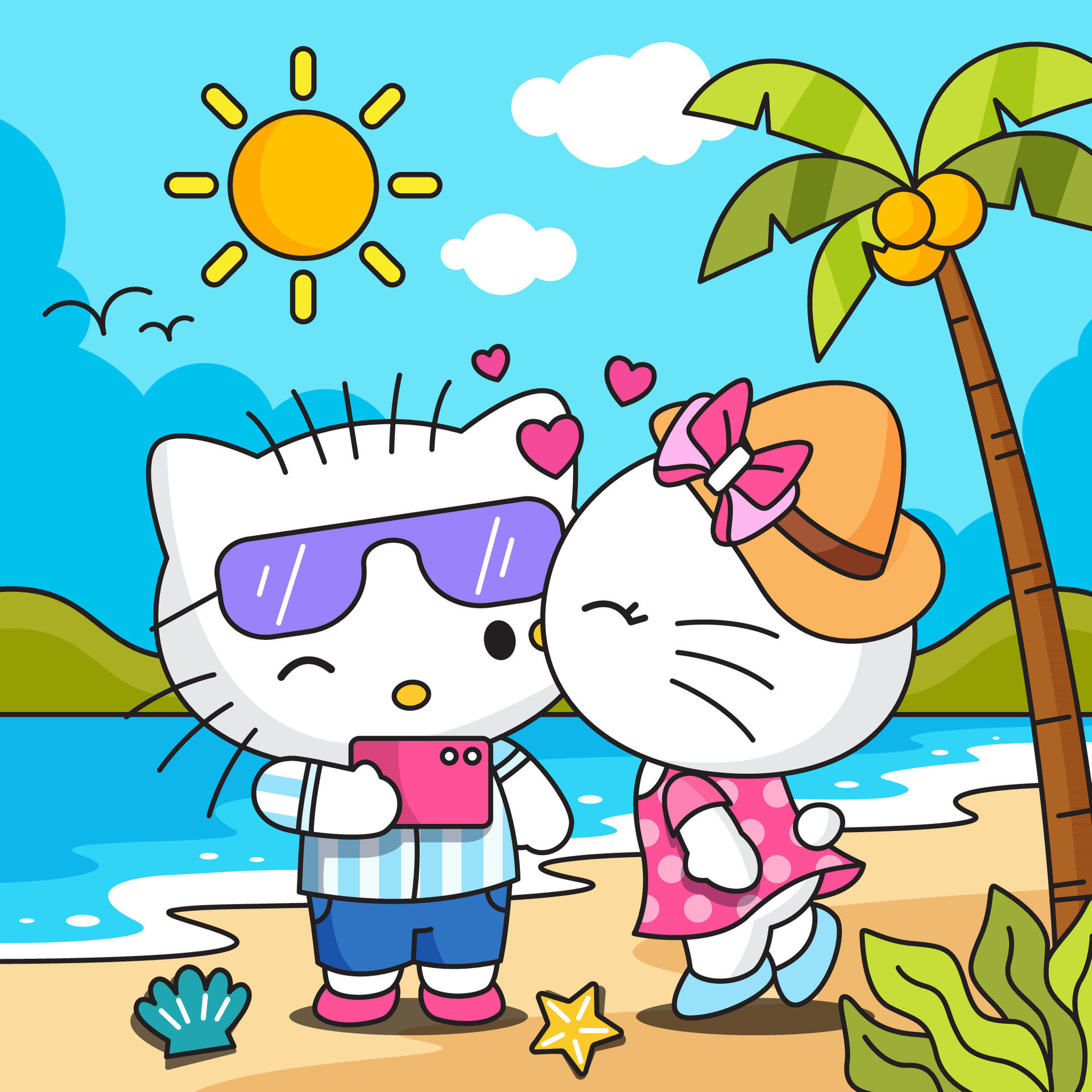 Cute Cat Couple On The Beach 24625584 Vector Art At Vecteezy