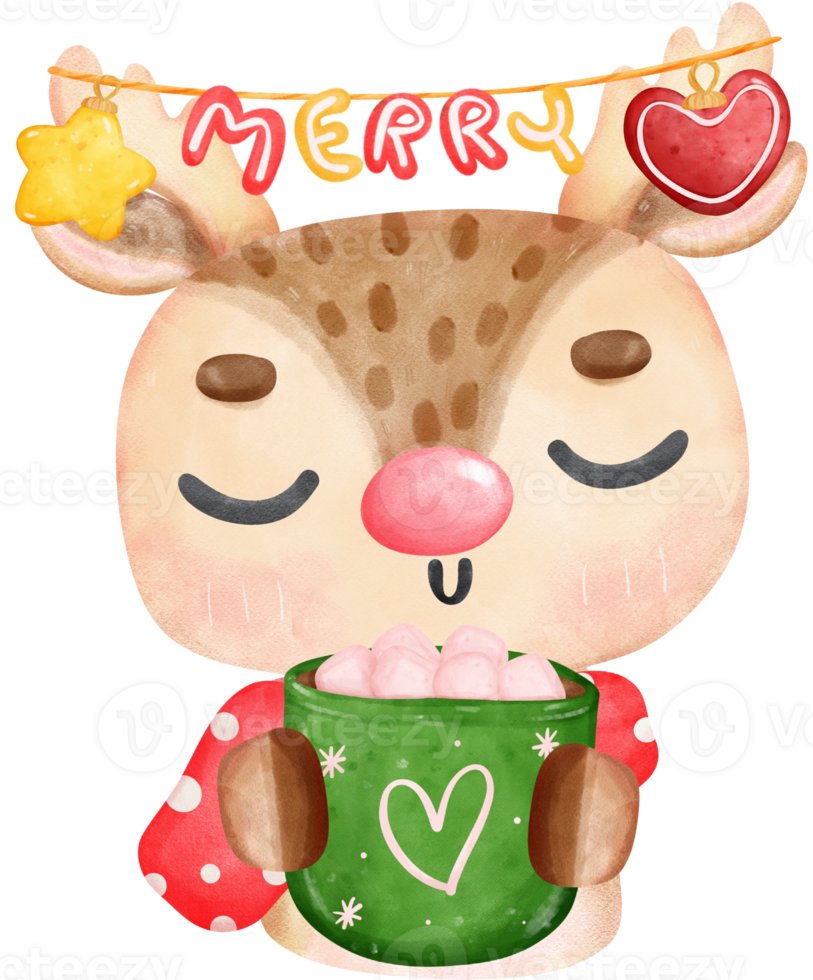 Cute And Friendly Reindeer Christmas With Decoration On Antlers Cartoon