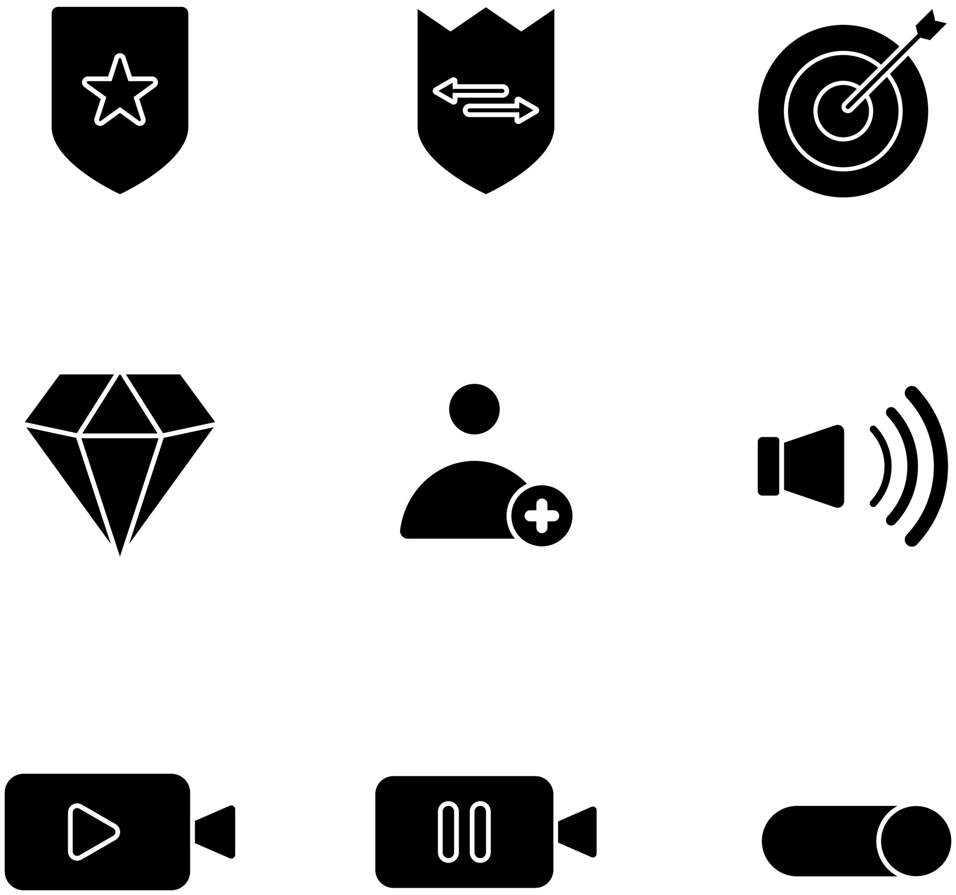 a small collection of black solid icons of media symbols in one ...