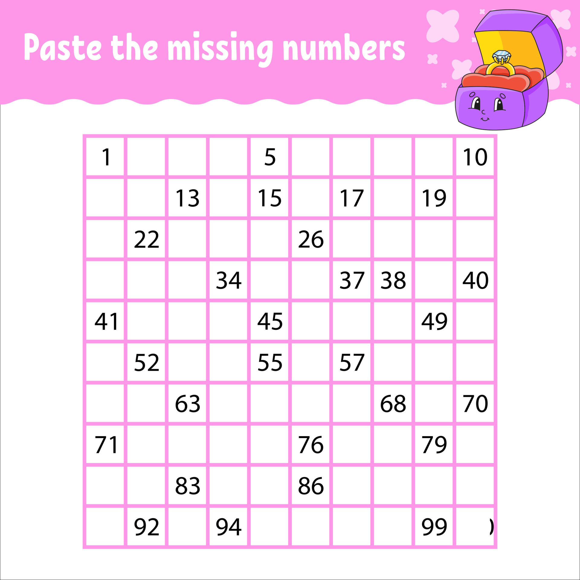Paste the missing numbers from 1 to 100. Handwriting practice. Learning ...