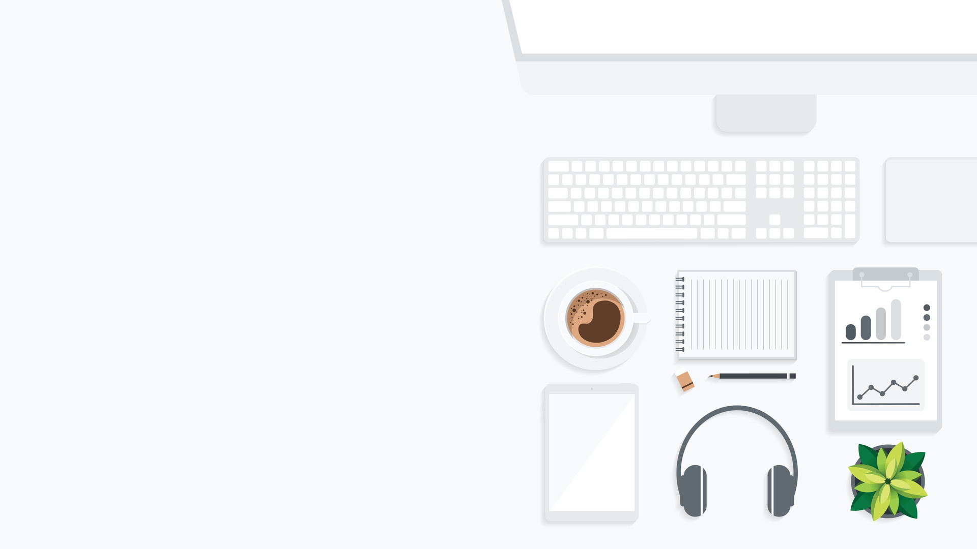 Cover and banner of working desk with gadget. Top view of table working ...