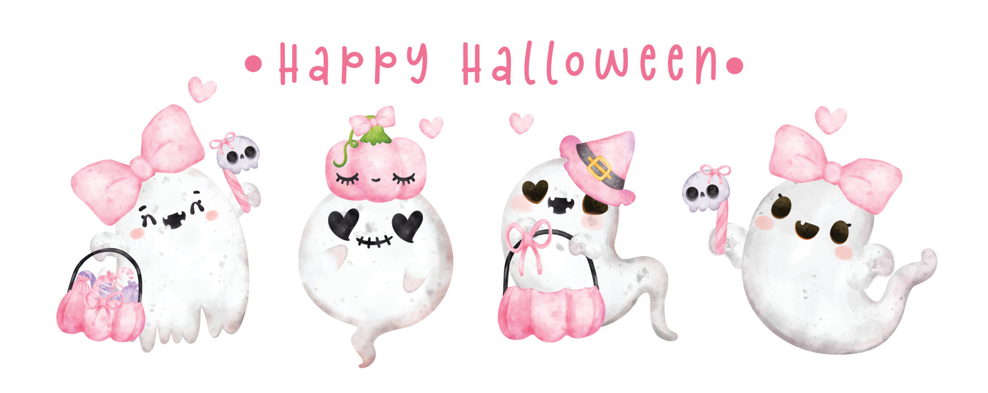 Group of Cute happy smile kawaii ghost pink hallooween , Happy ...