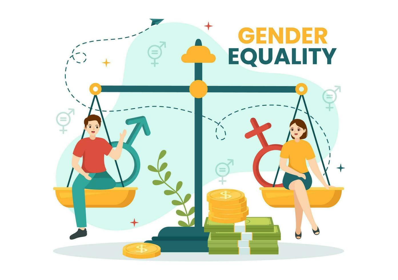 Gender Equality Vector Illustration With Men And Women Character On The Scales Showing Equal