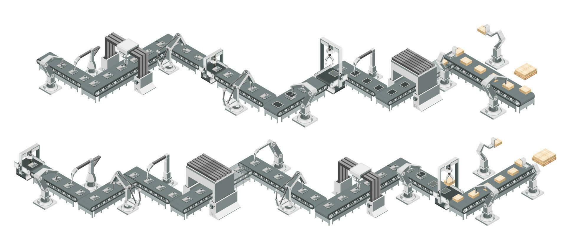 Robotic assembly line with conveyor belt in an automated factory. Isometric vector illustration ...