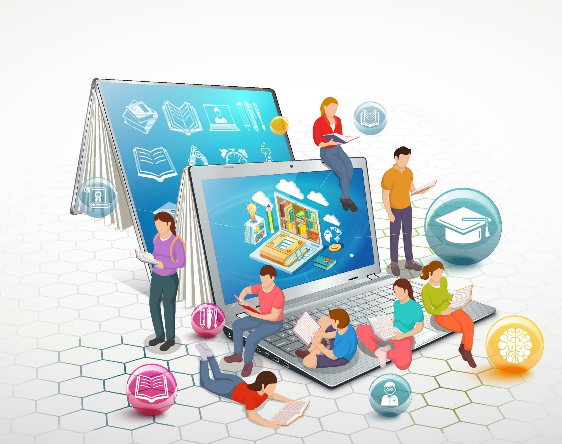 People are reading books sitting on a laptop. Online education concept ...