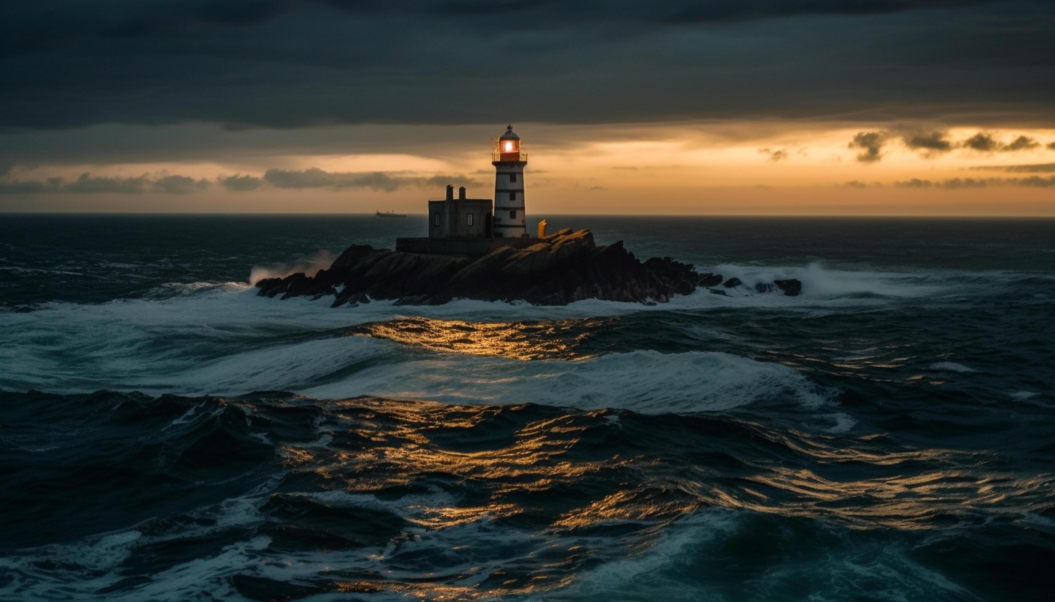 Guidance beacon illuminates dangerous cliff at dusk generated by AI ... Guidance beacon illuminates dangerous cliff at dusk generated by AI ...