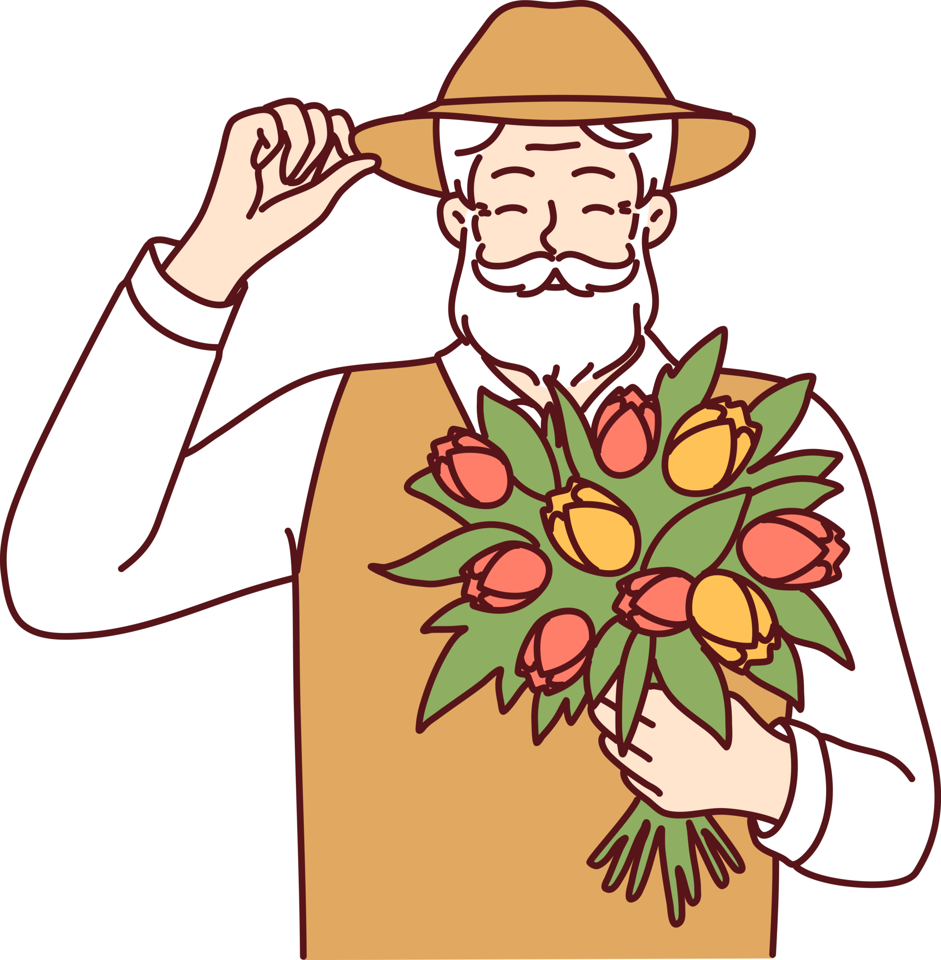 Cheerful Elderly Man With Beard Holds Bouquet Of Spring Flowers Touches