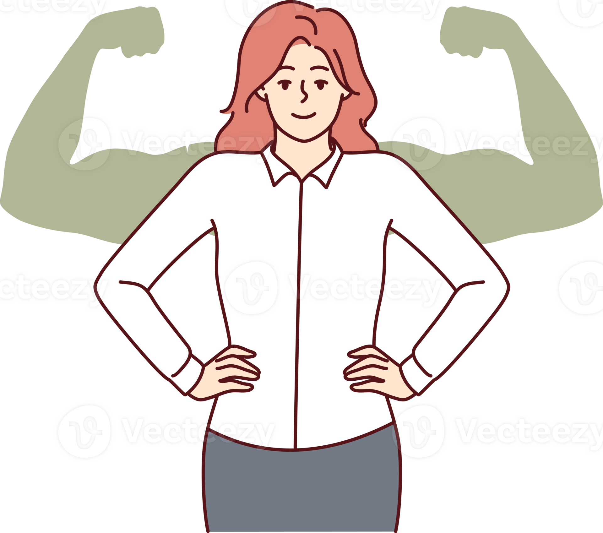 Successful Businesswoman Stands With Hands On Waist Imagining Giant