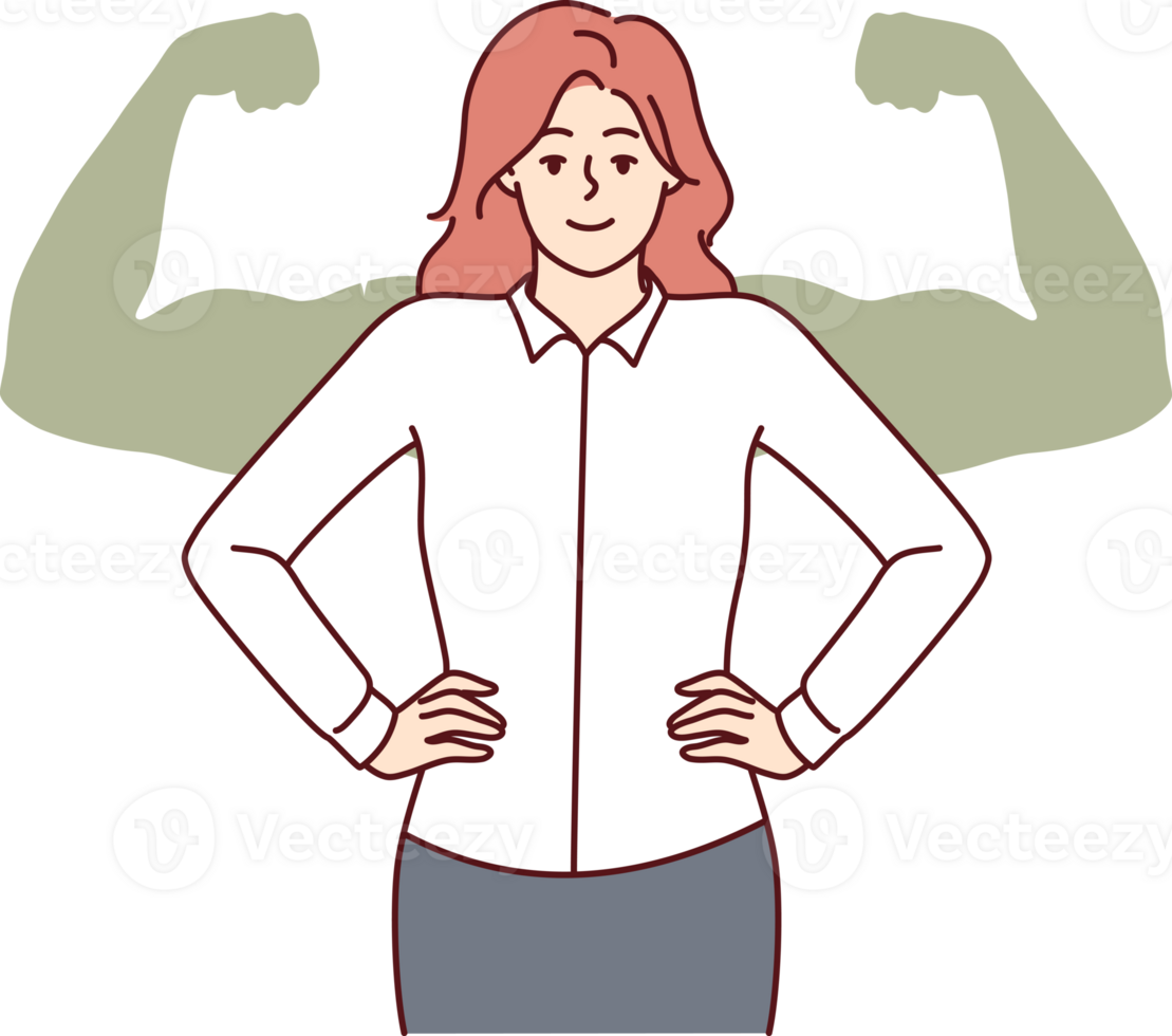 Successful Businesswoman Stands With Hands On Waist Imagining Giant Muscular Arms Behind Back