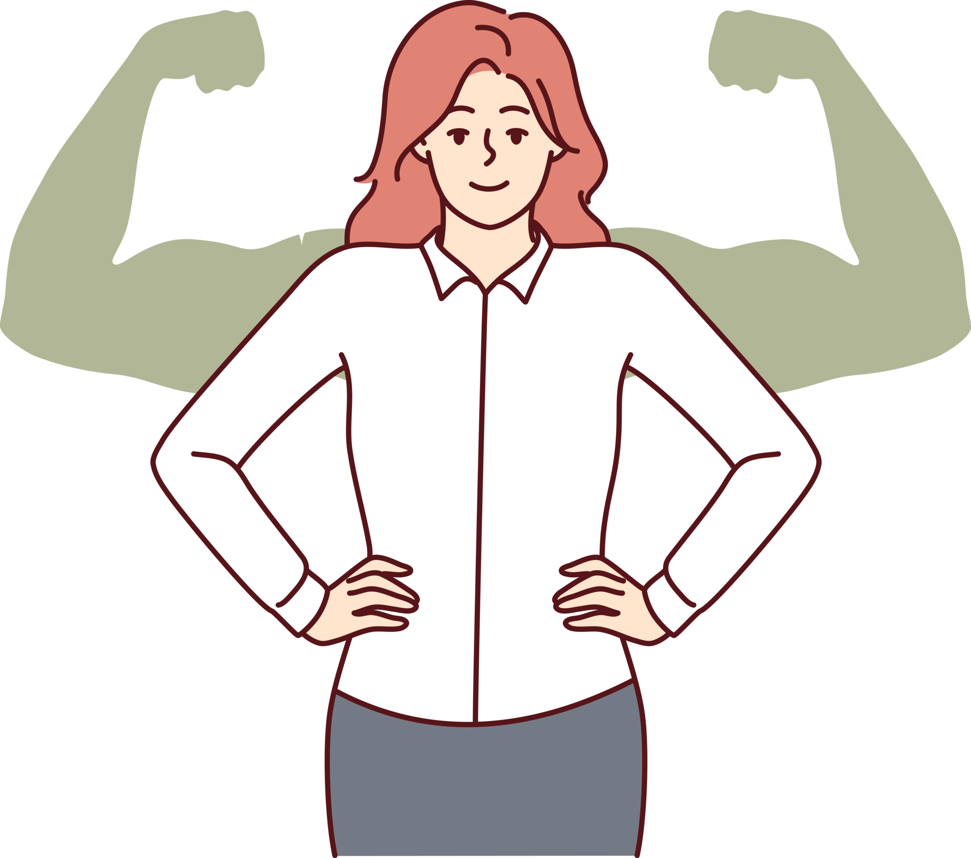 Successful Businesswoman Stands With Hands On Waist Imagining Giant Muscular Arms Behind Back