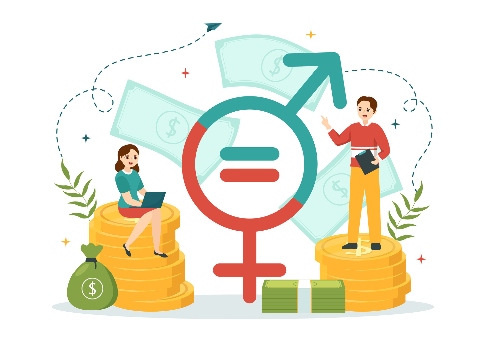 Gender Equality Vector Illustration With Men And Women Character On The Scales Showing Equal