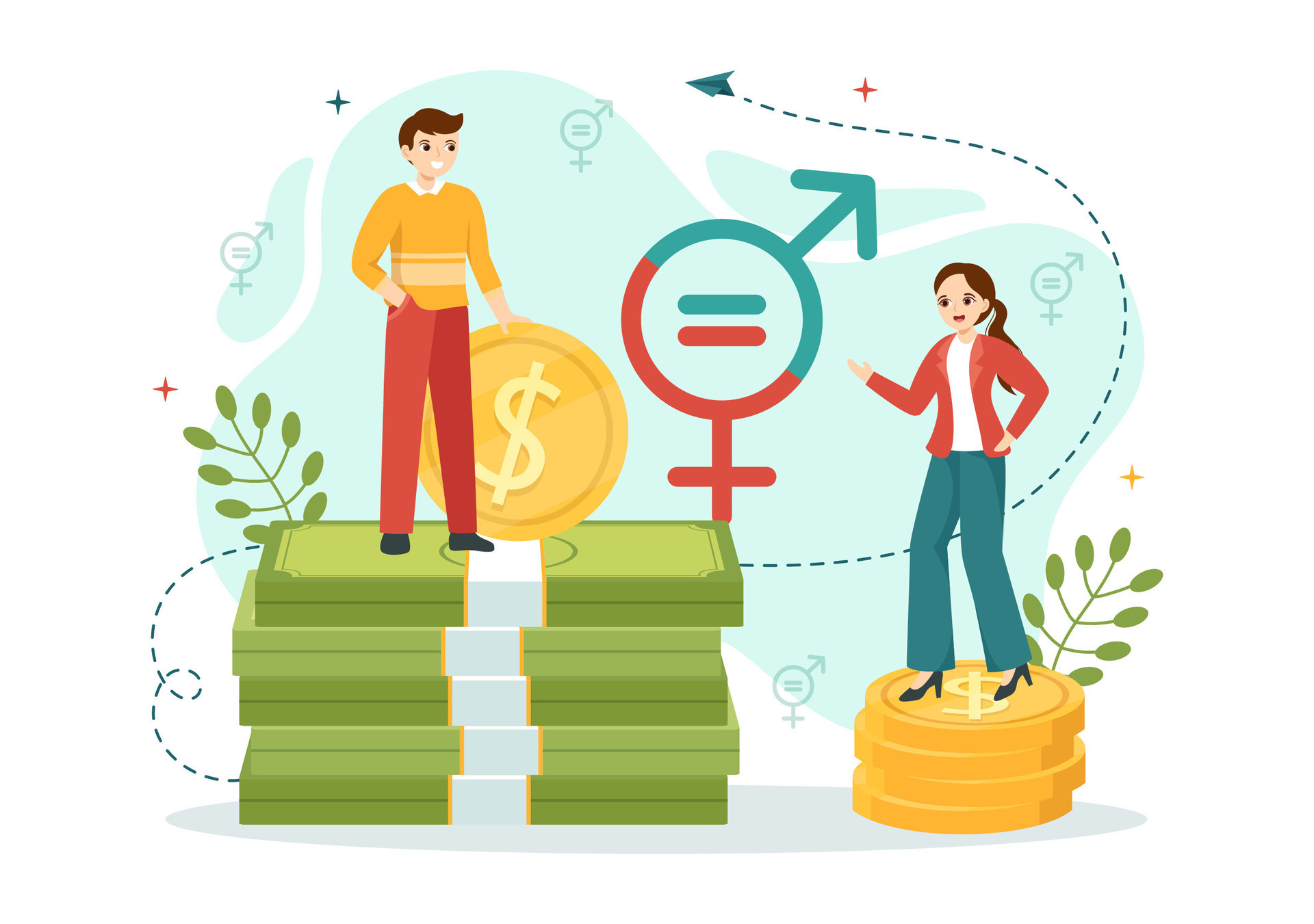 Gender Equality Vector Illustration With Men And Women Character On The Scales Showing Equal