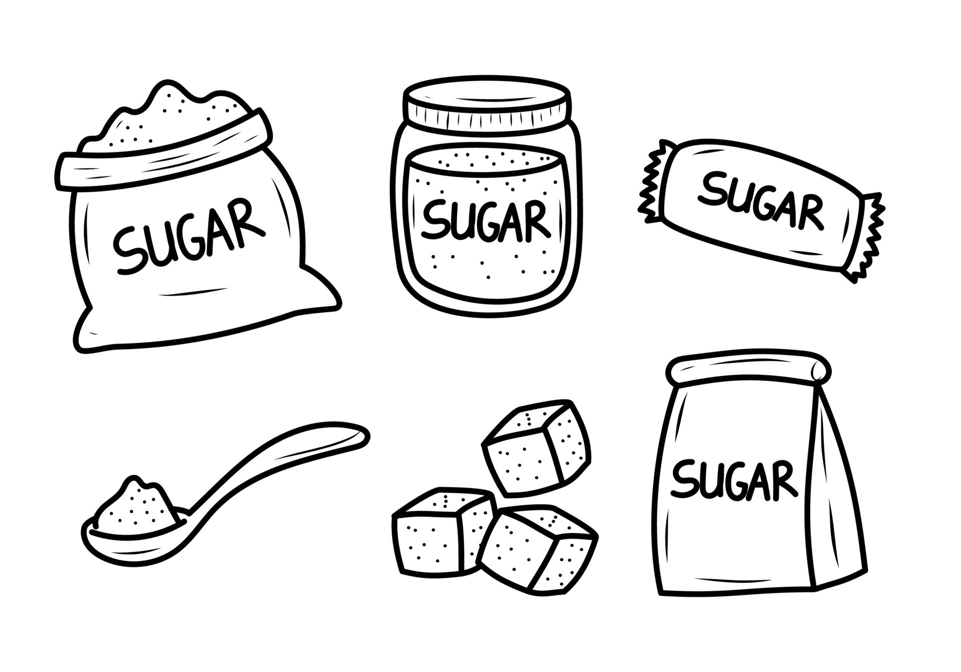 Set Of Sugar Vector Illustrations In Cute Hand Drawn Style Isolated On