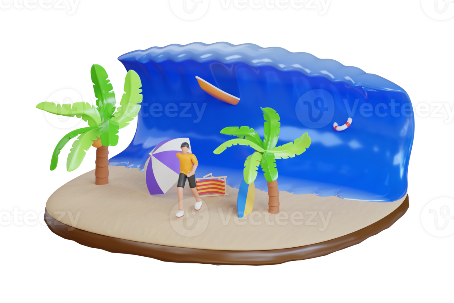 3D Illustration of Tsunami wave at tropical beach. Big wave of tsunami ...