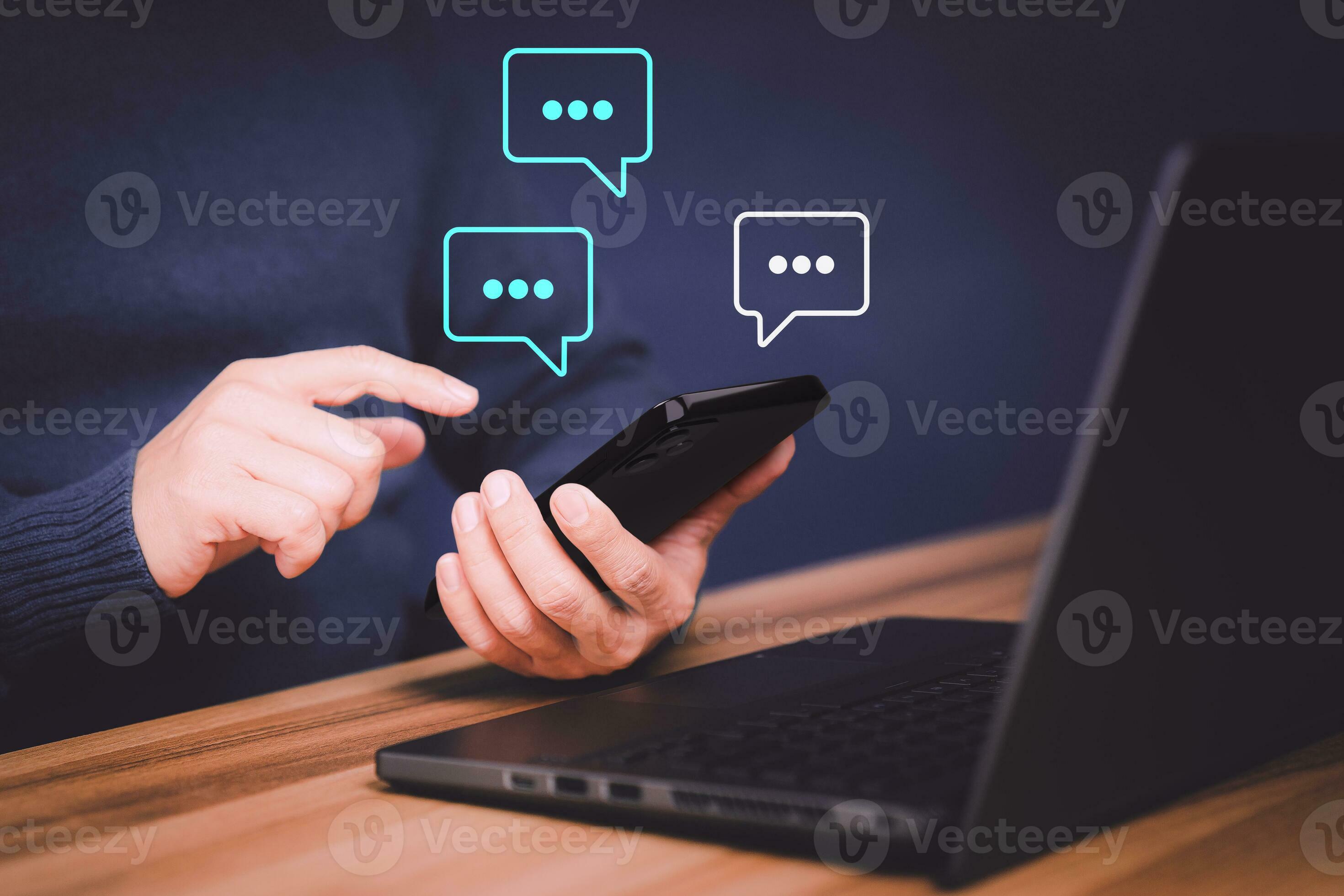 Young man hand using a smartphone typing live chat chatting on application communication digital ...