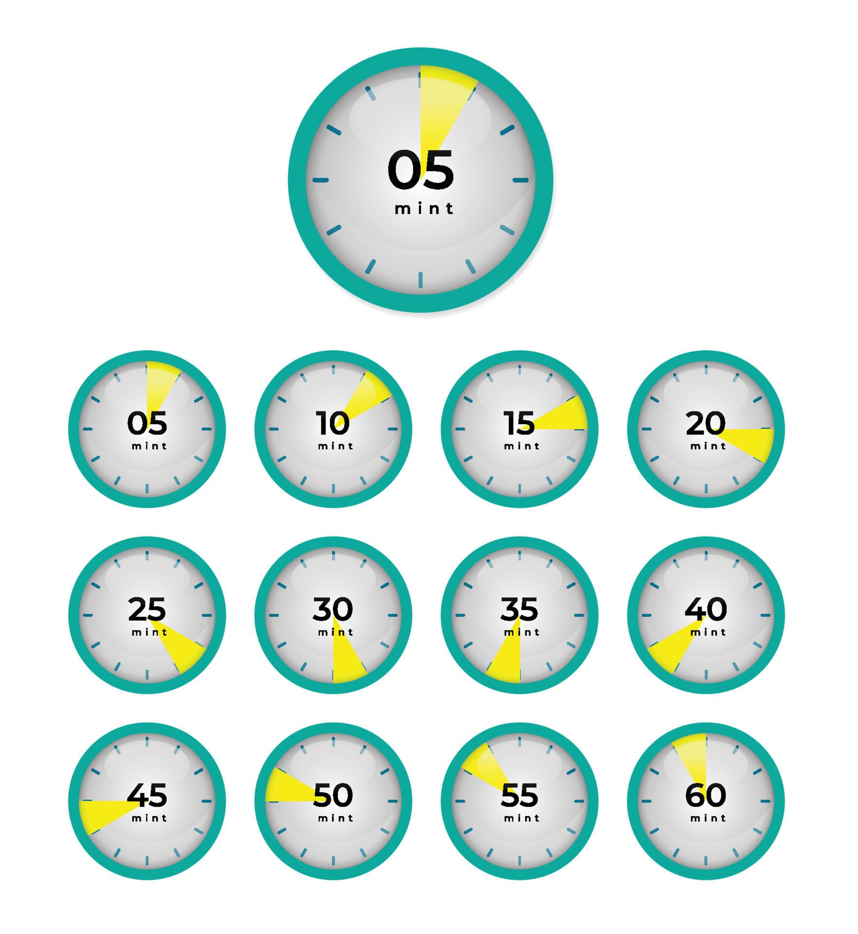 Set of cartoon style decent timer clocks with five minutes gap vector ... Set of cartoon style decent timer clocks with five minutes gap vector ...