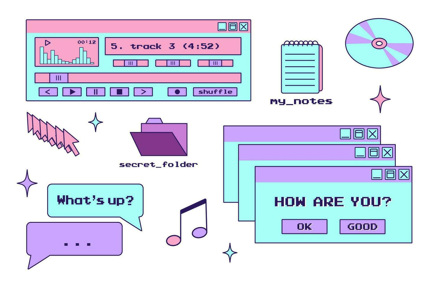 y2k trendy set of objects, old computer interface, retro pc elements, 1990s 2000s style, cursor ...