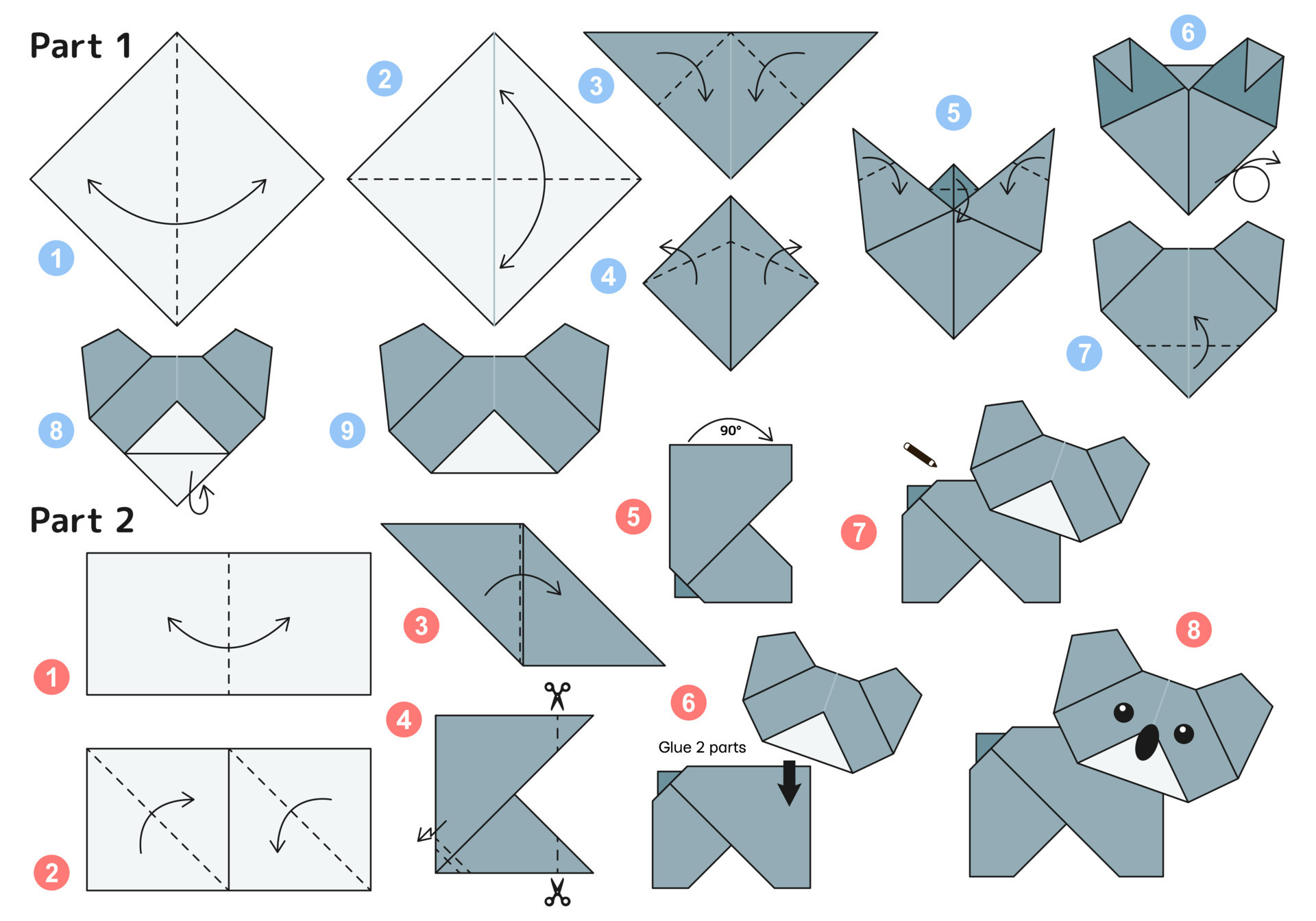 Koala origami scheme tutorial moving model. Origami for kids. Step by ... Koala origami scheme tutorial moving model. Origami for kids. Step by ...