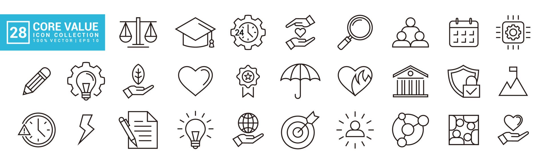Core values icon set, filled with target, inspiration, energy, success ...