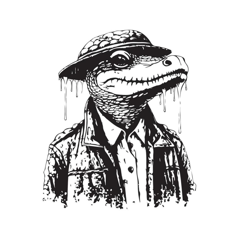 crocodile wearing rain coat, vintage logo line art concept black and ...