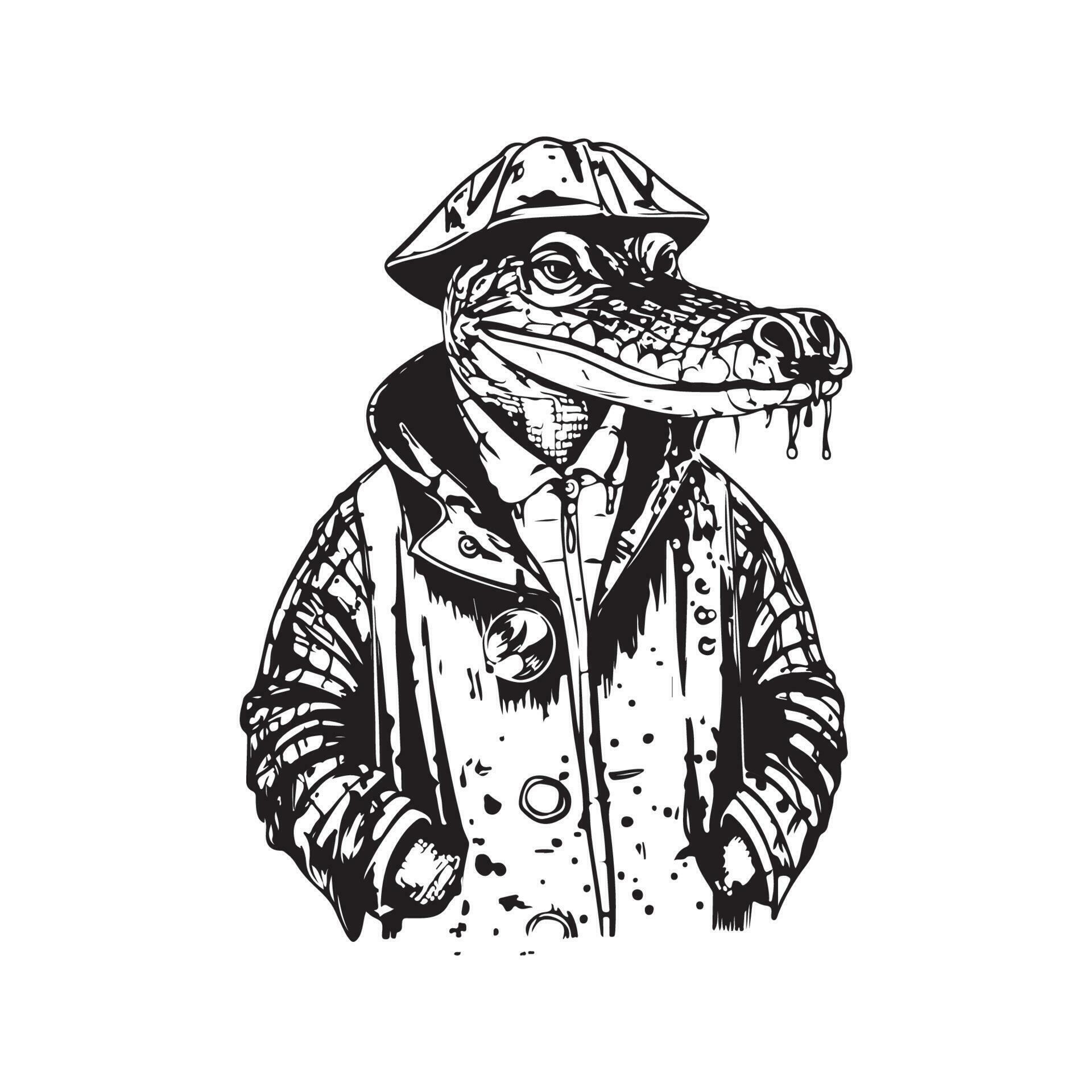 crocodile wearing rain coat, vintage logo line art concept black and ...