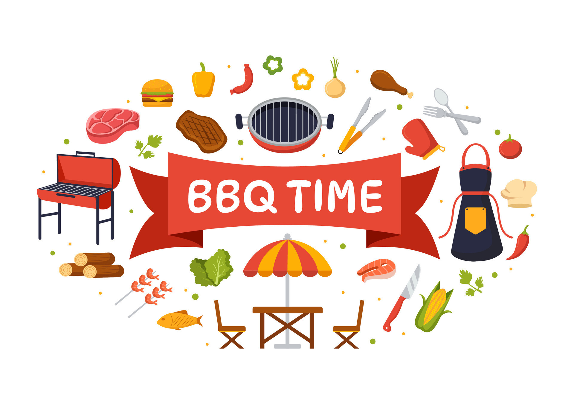 Barbecue And Grill Set Vector Illustration People Grilling Or Bbq Party