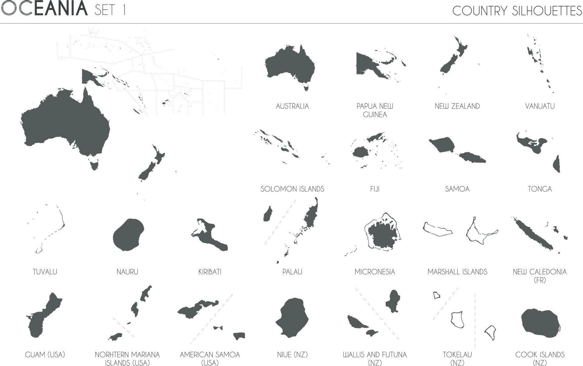 Set of 22 high detailed silhouette maps of Oceanian Countries and territories, and map of ...