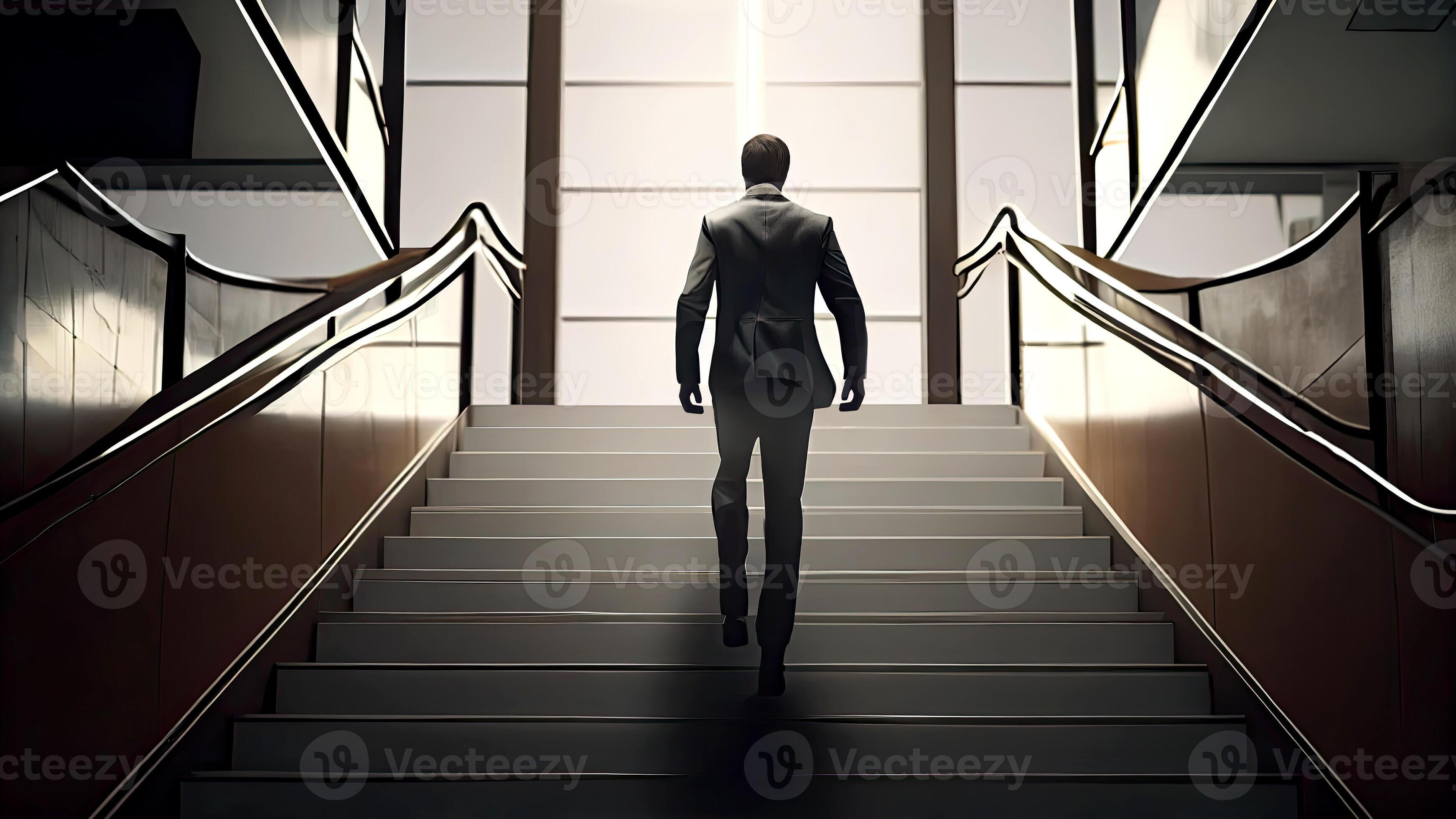 Back View Of Businessman Climbing Stairs Towards The Lights Door