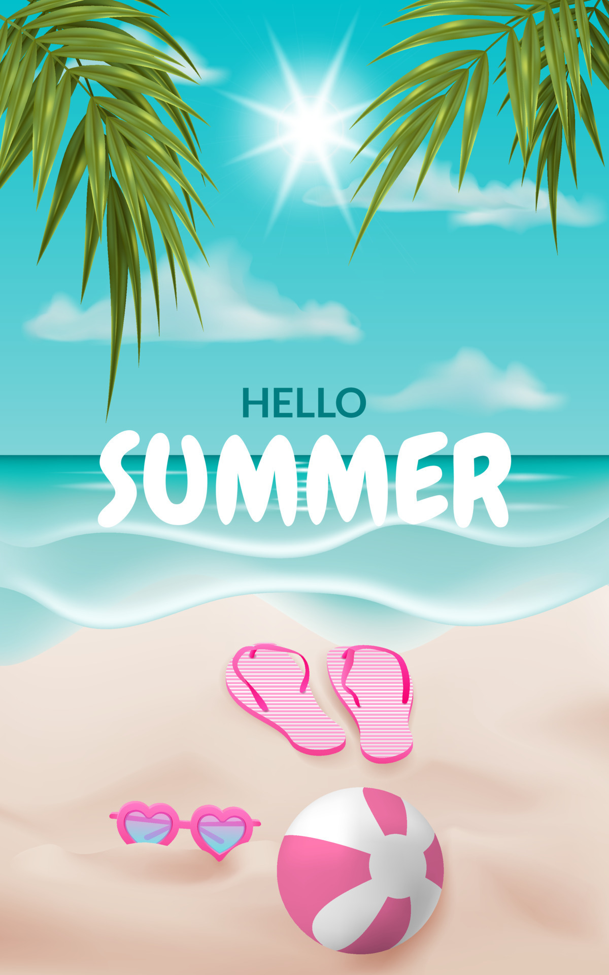 Hello Summer Realistic 3d Vector Illustration Of A Tropical Beach With Beach Ball Flip Flops