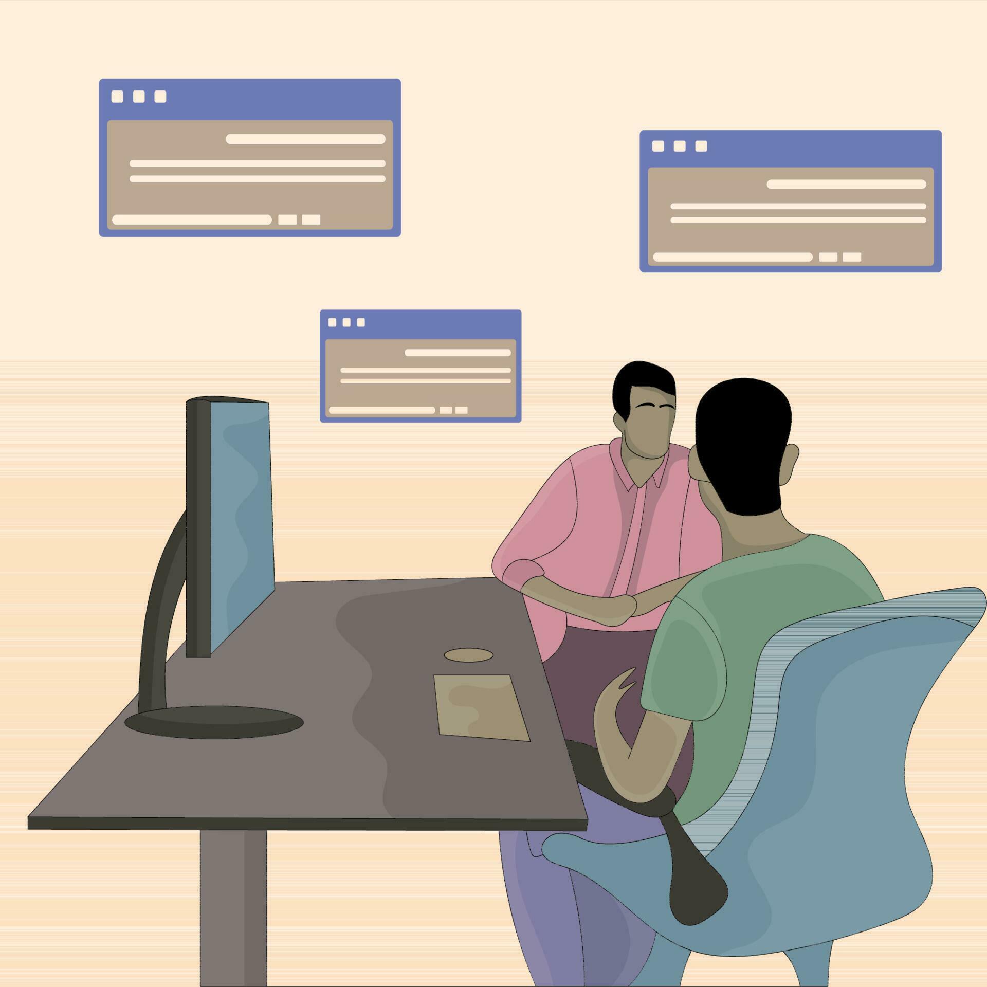 flat two men discussing using computer design 24667663 Vector Art at ...