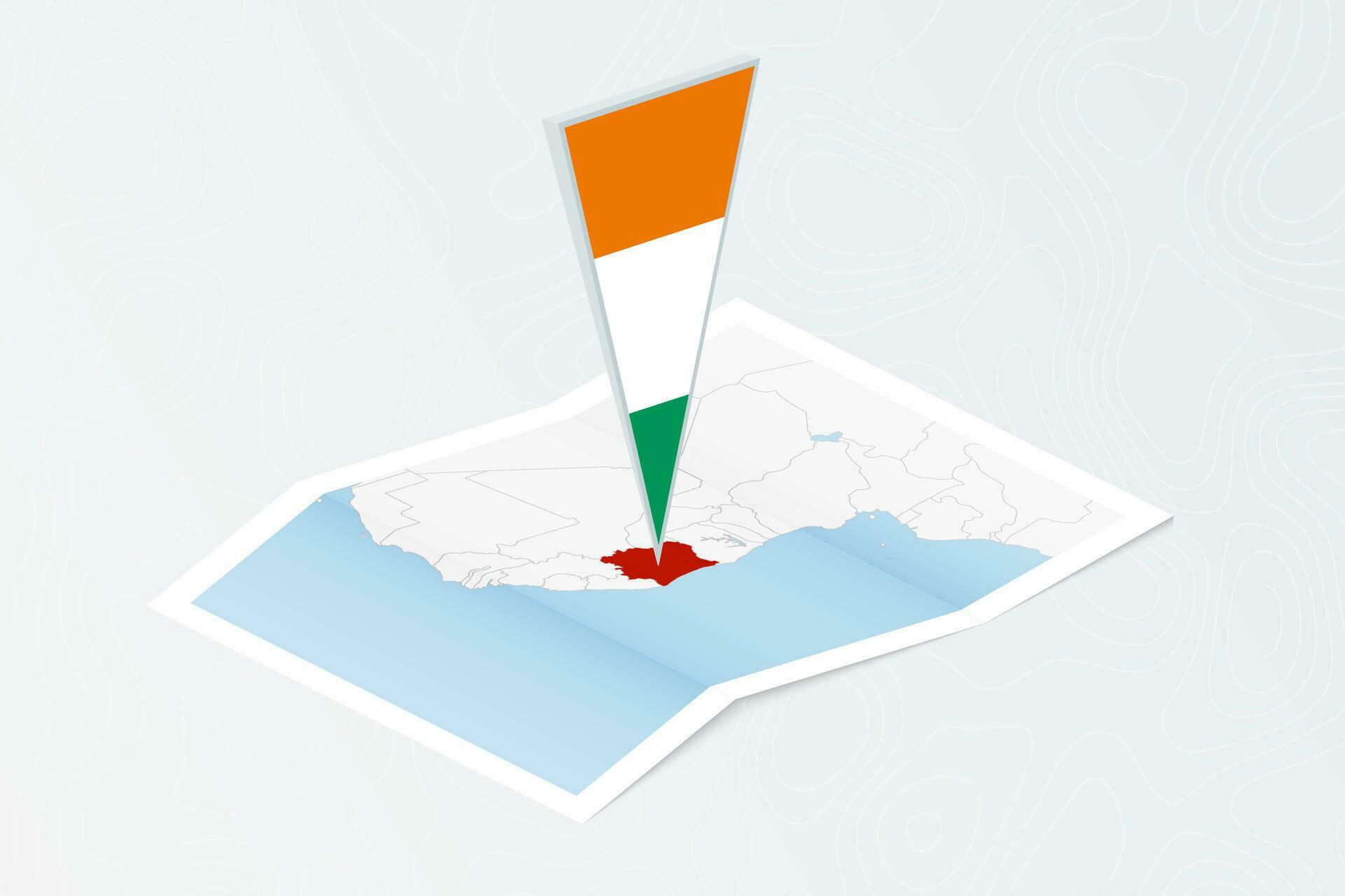 Isometric Paper Map Of Ivory Coast With Triangular Flag Of Ivory Coast