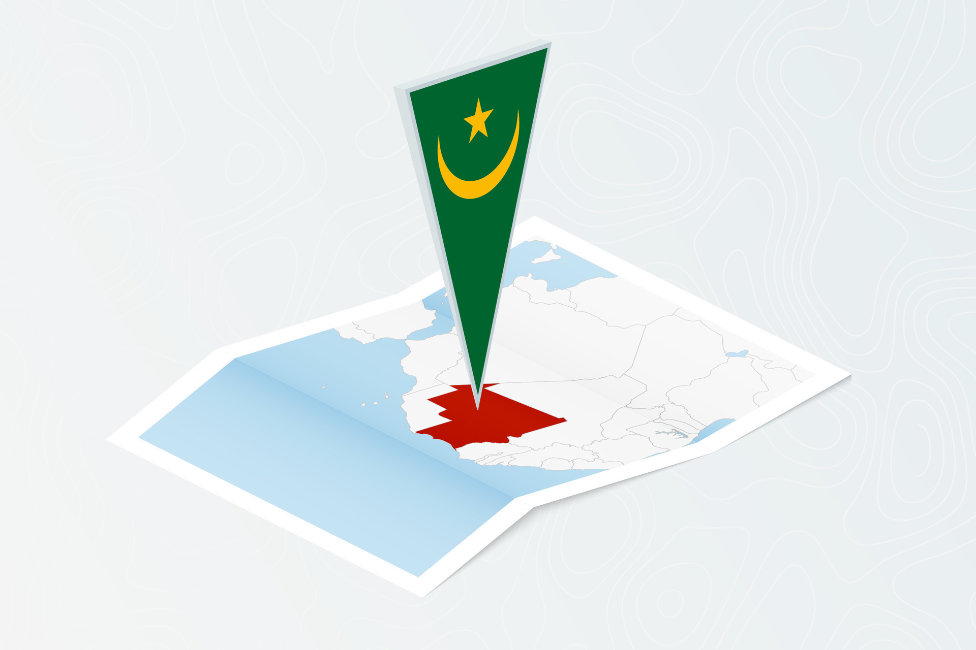 Isometric Paper Map Of Mauritania With Triangular Flag Of Mauritania In
