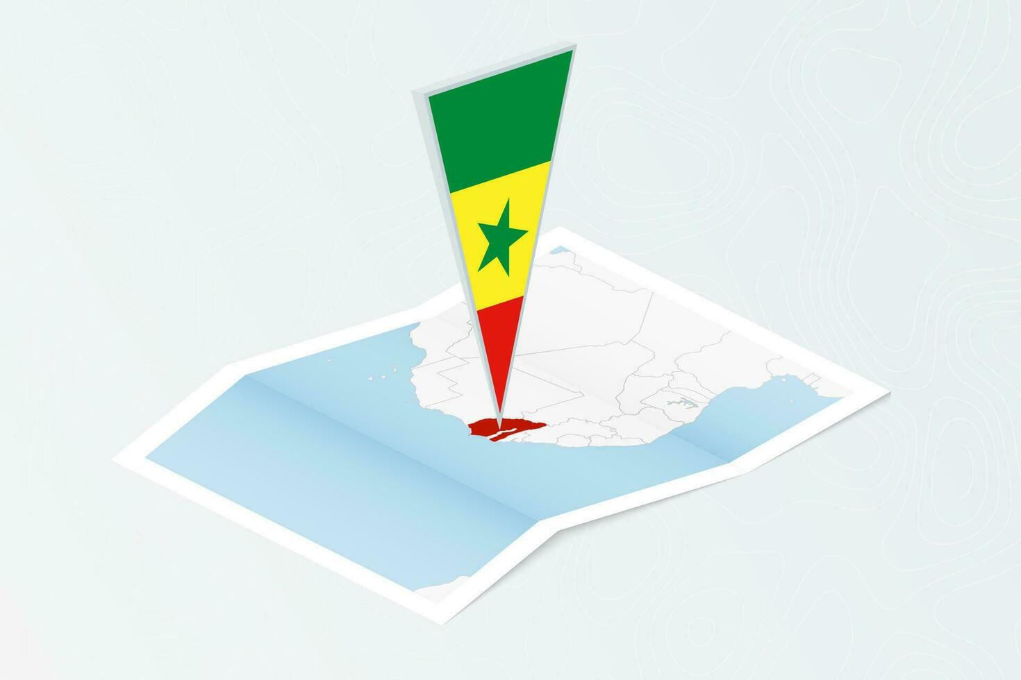 Isometric paper map of Senegal with triangular flag of Senegal in isometric style. Map on ...