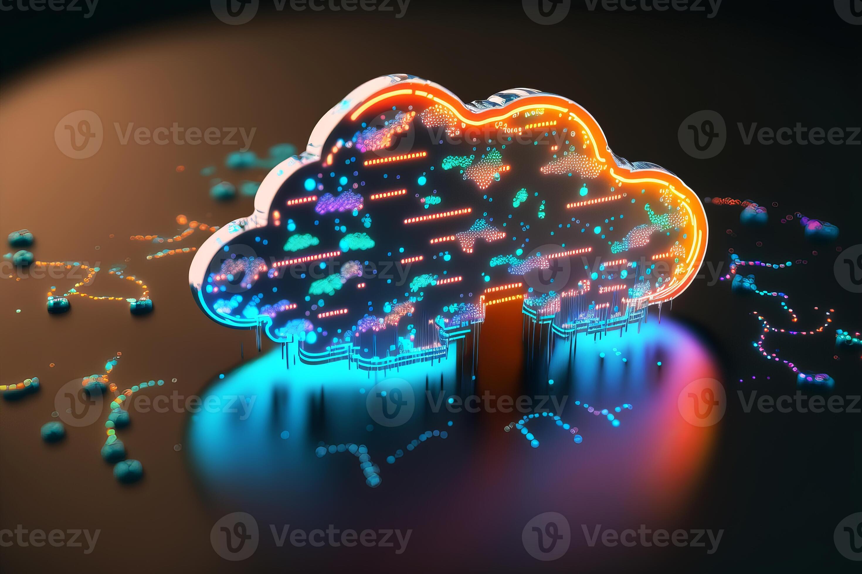 Cloud computing Data Base Technology concept with glowing neon structures on a dark background ...