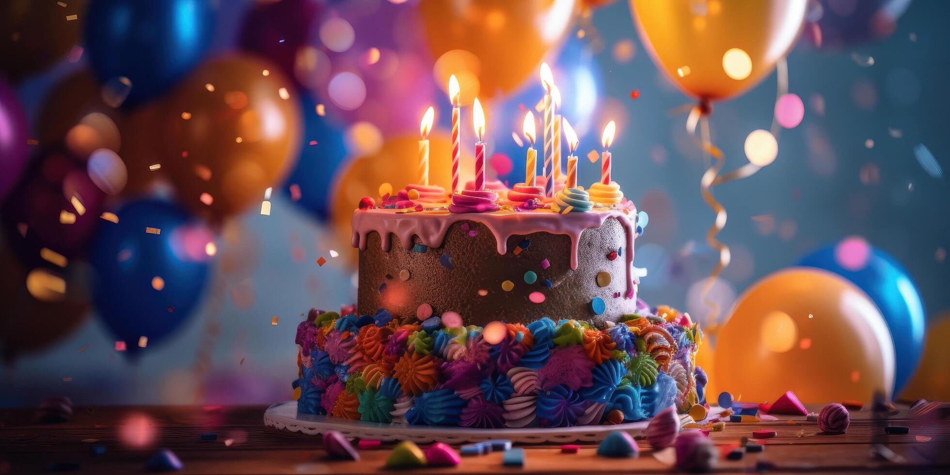 Happy birthday cake with candles, balloons and confetti background ...