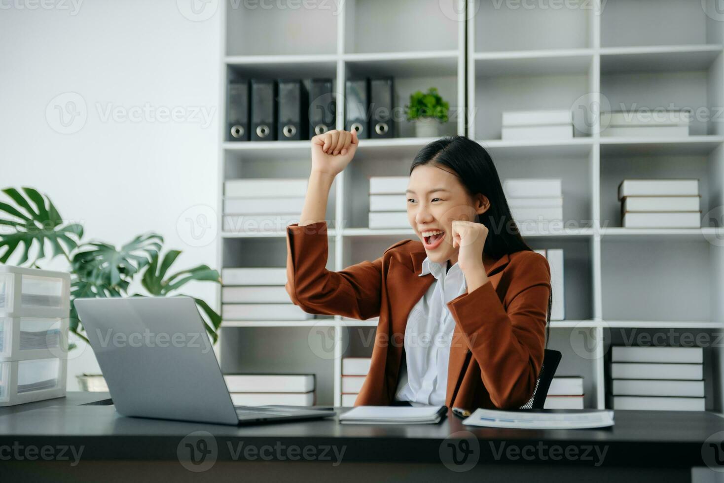 Asian business woman are delighted and happy with the work they do on ...