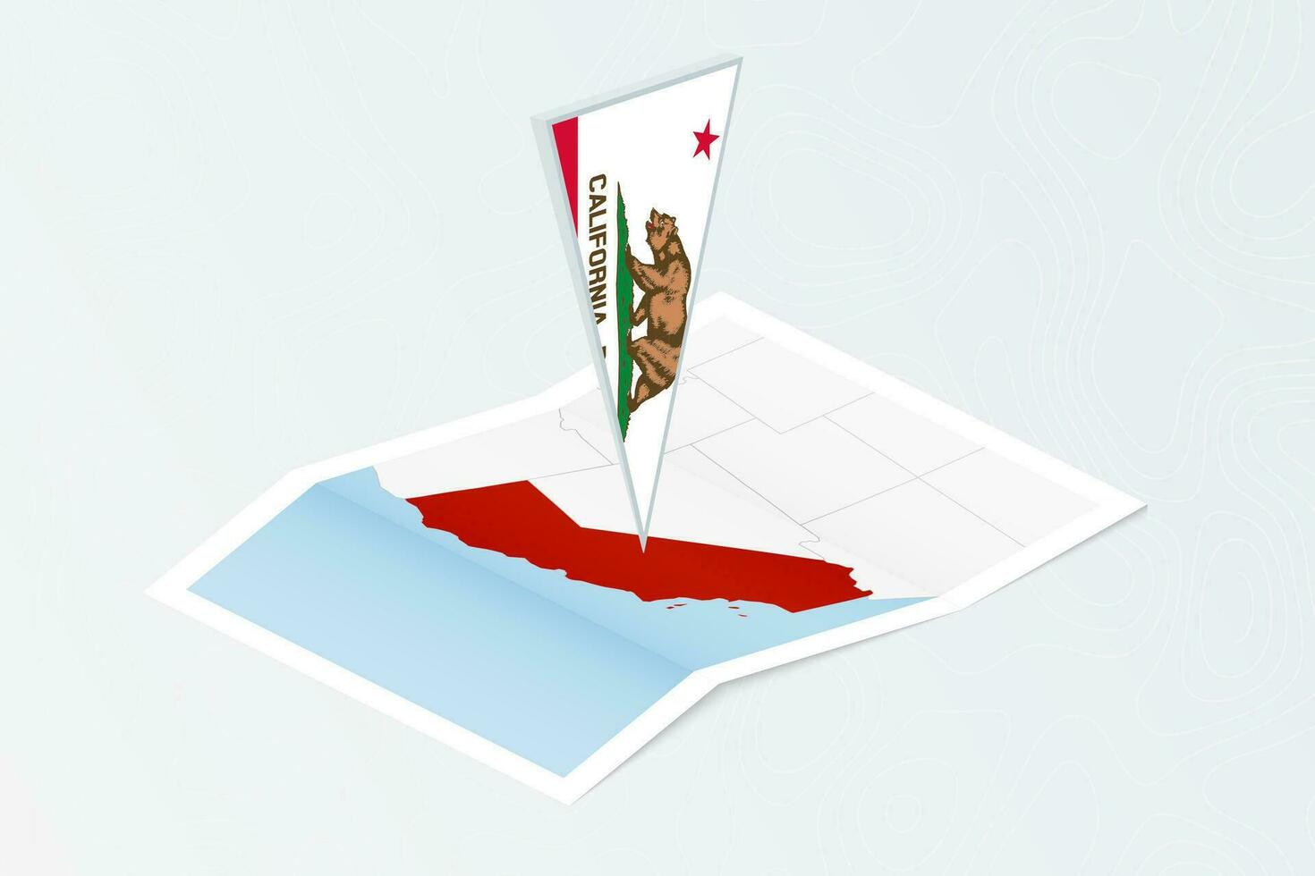 Isometric paper map of California with triangular flag of California in isometric style. Map on ...
