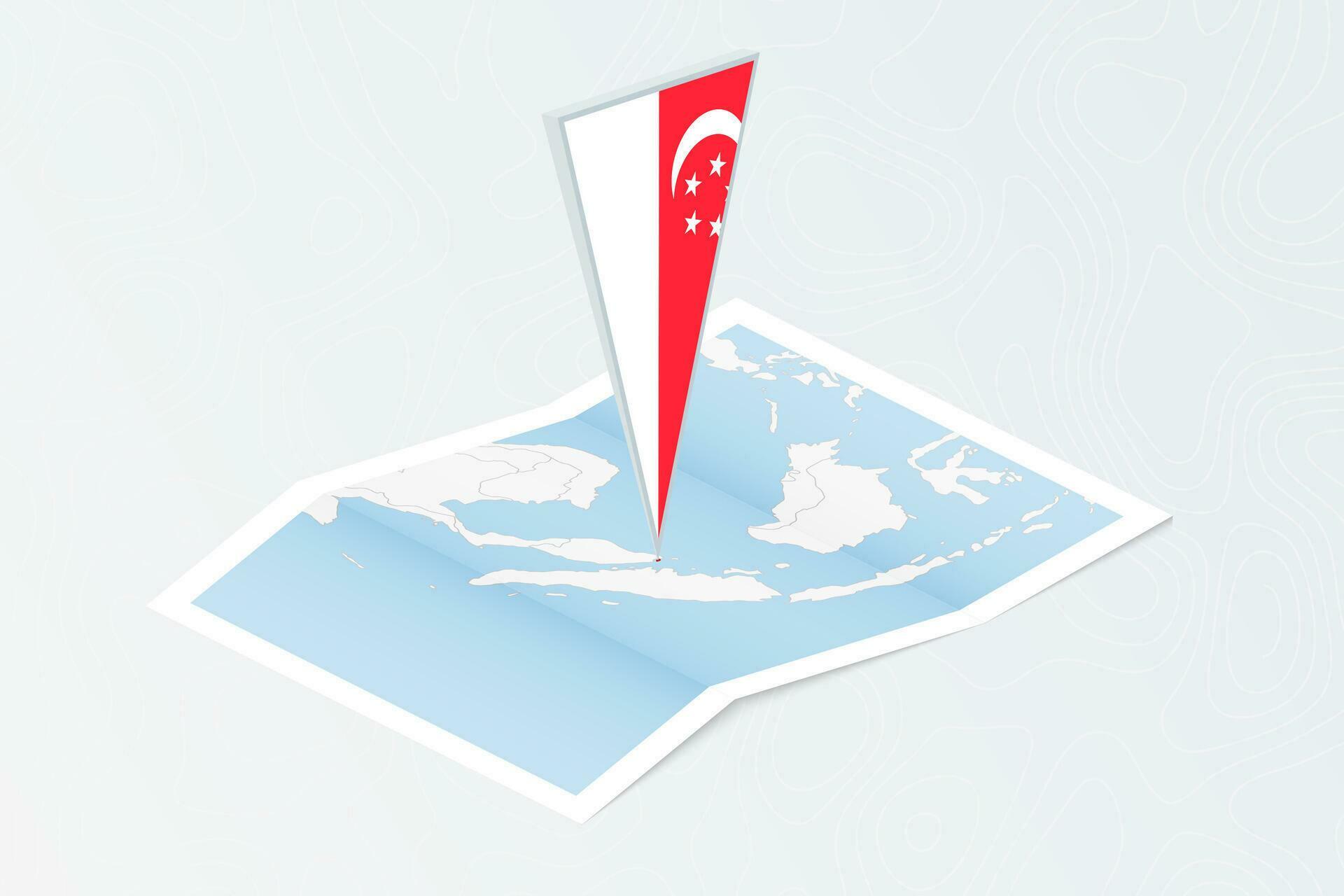 Isometric paper map of Singapore with triangular flag of Singapore in isometric style. Map on ...