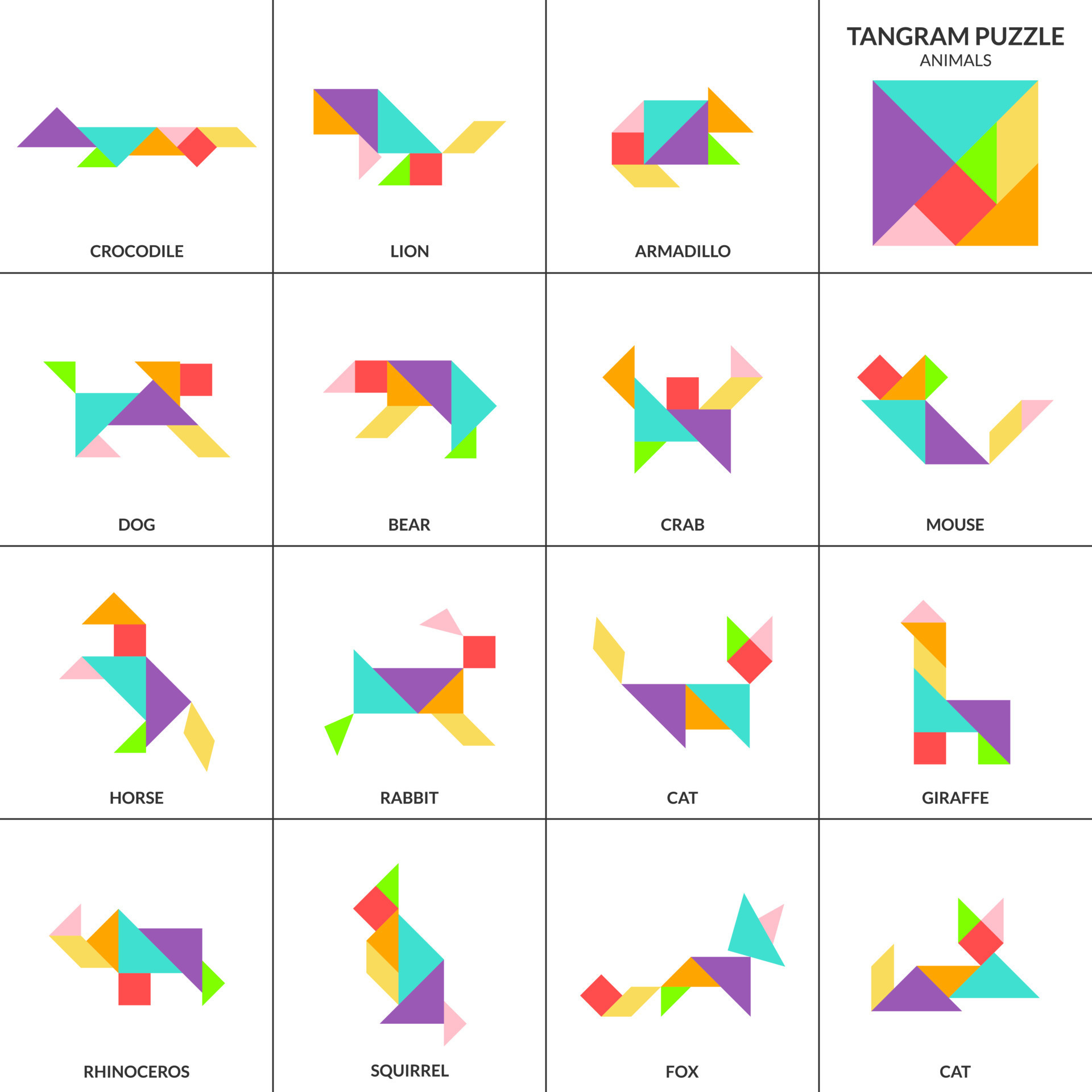 Tangram puzzle game for kids. Vector colorful collection with various ... Tangram puzzle game for kids. Vector colorful collection with various ...